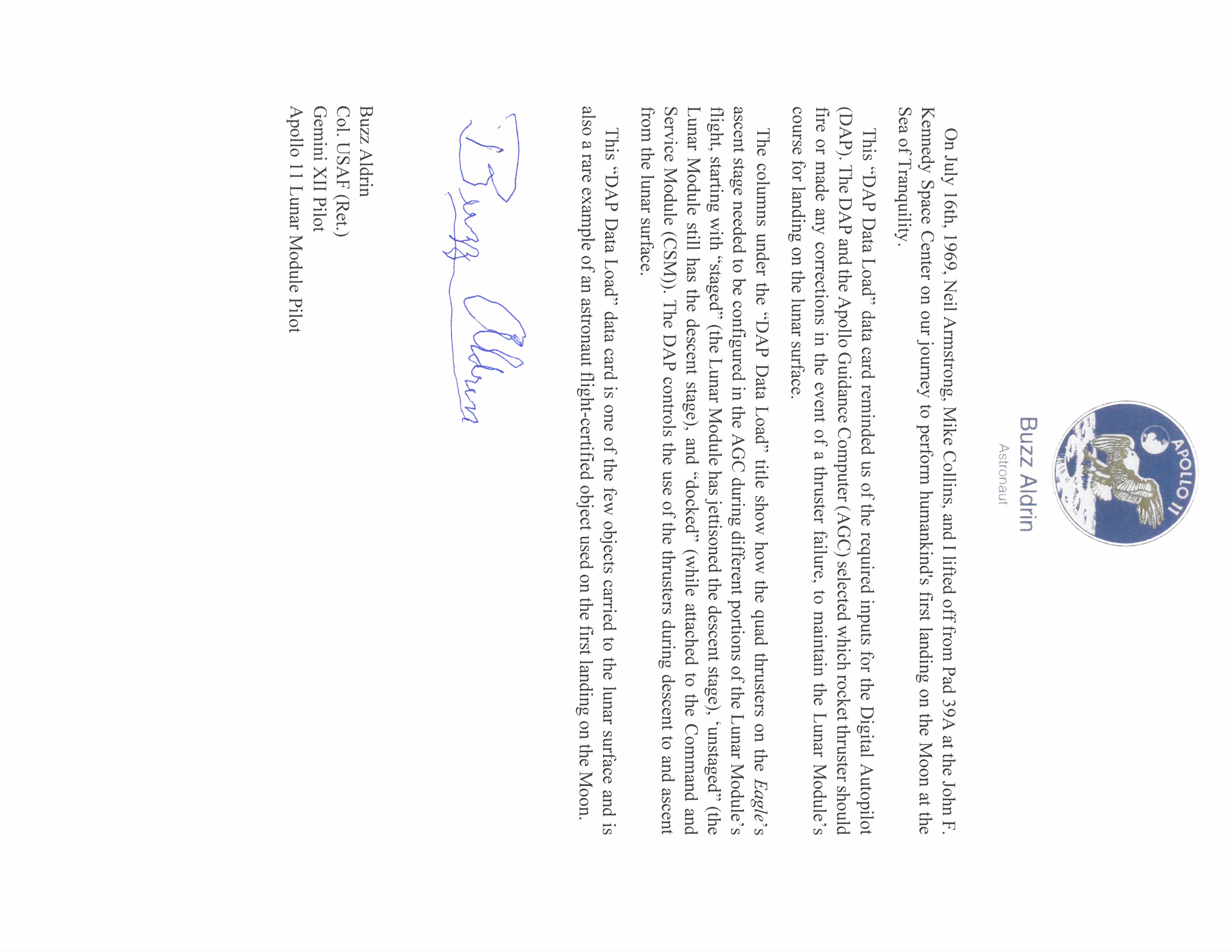 LUNAR SURFACE FLOWN Apollo 11 LM "DAP Data Load" Data Card | Buzz ...