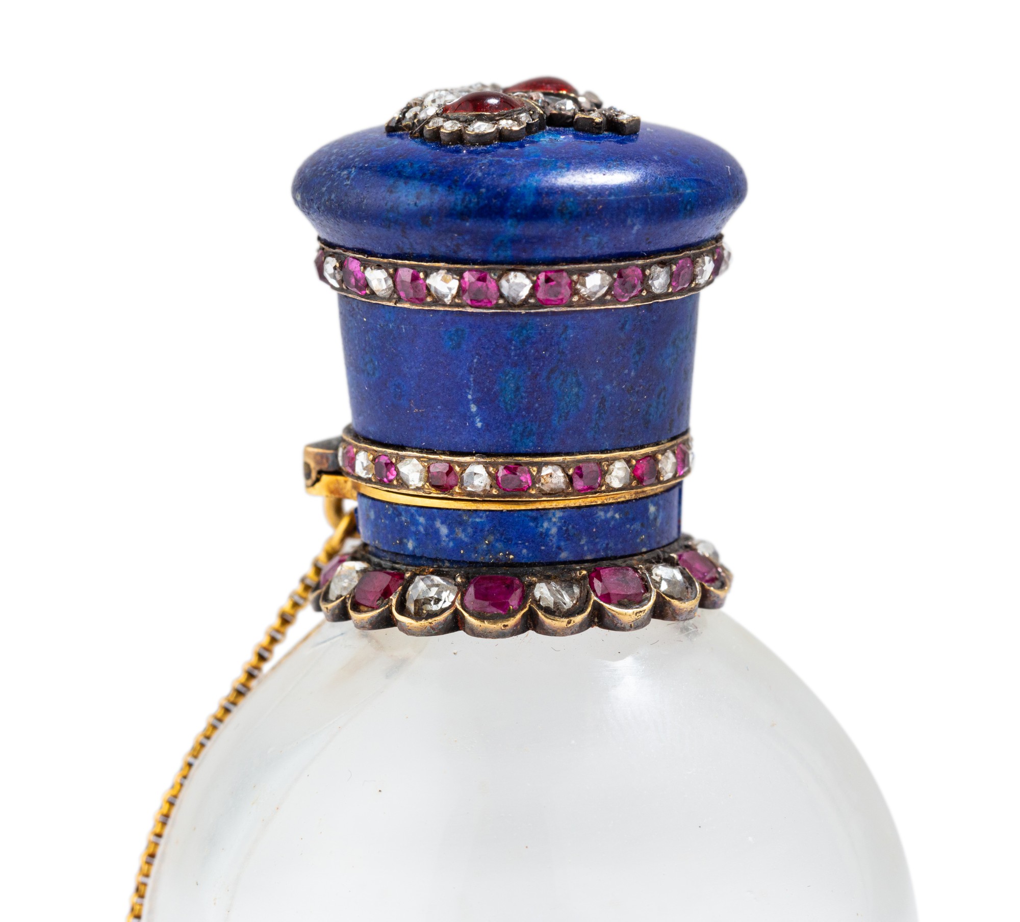 A glass perfume bottle insert with lapis, diamonds and rubies ...