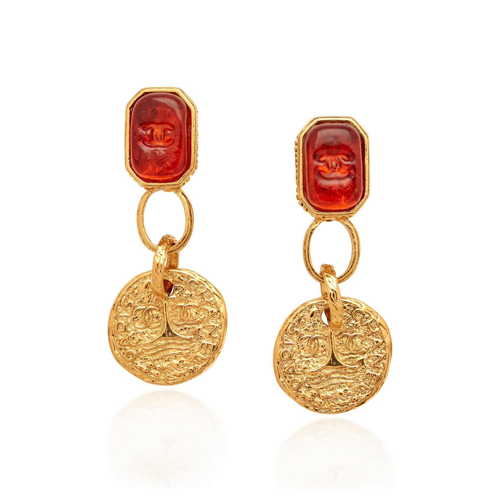 Chanel Vintage Gold Metal And Amber Gripoix Medallion Drop Earrings ...