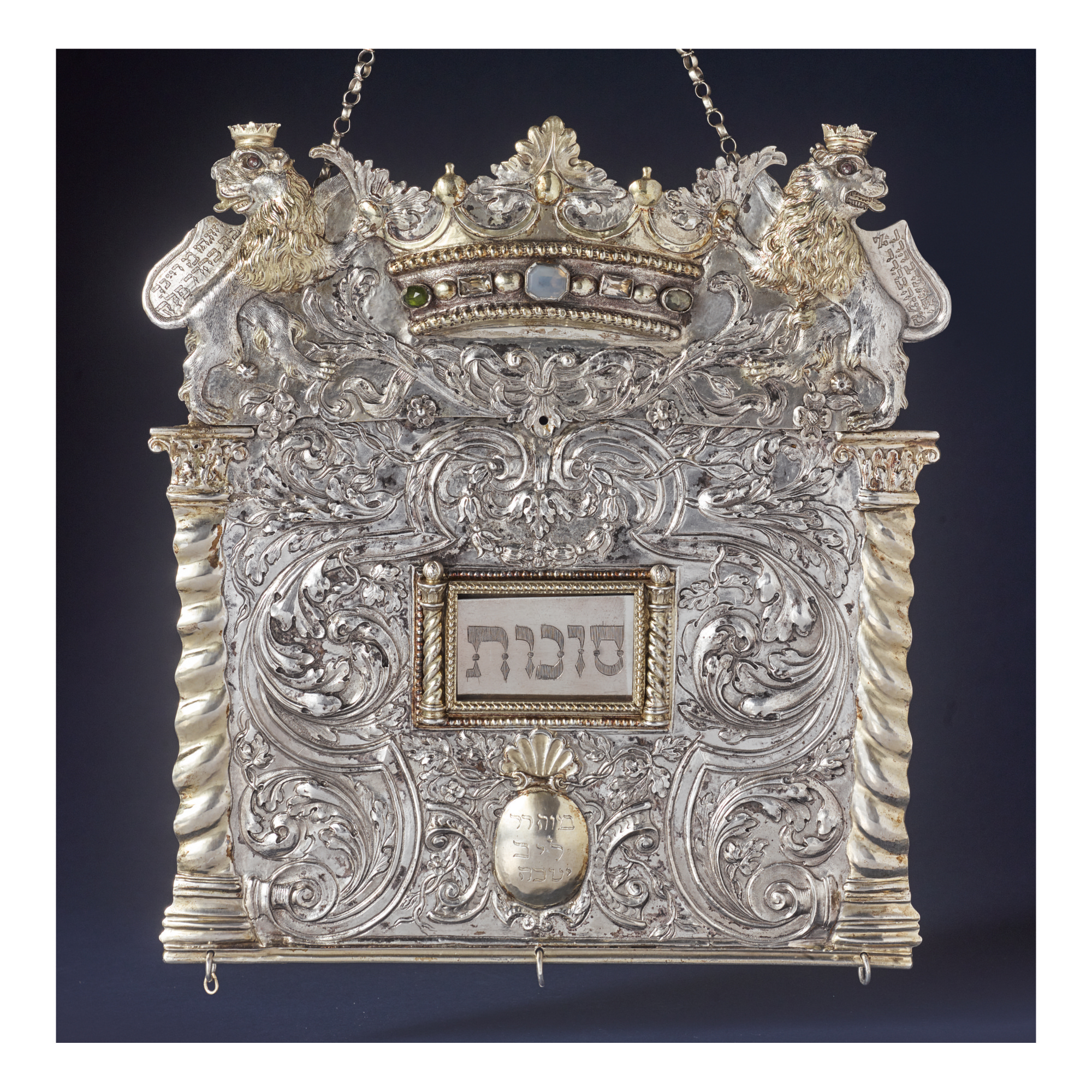 A GERMAN GEM-SET PARCEL-GILT SILVER TORAH SHIELD, EARLY 18TH CENTURY ...