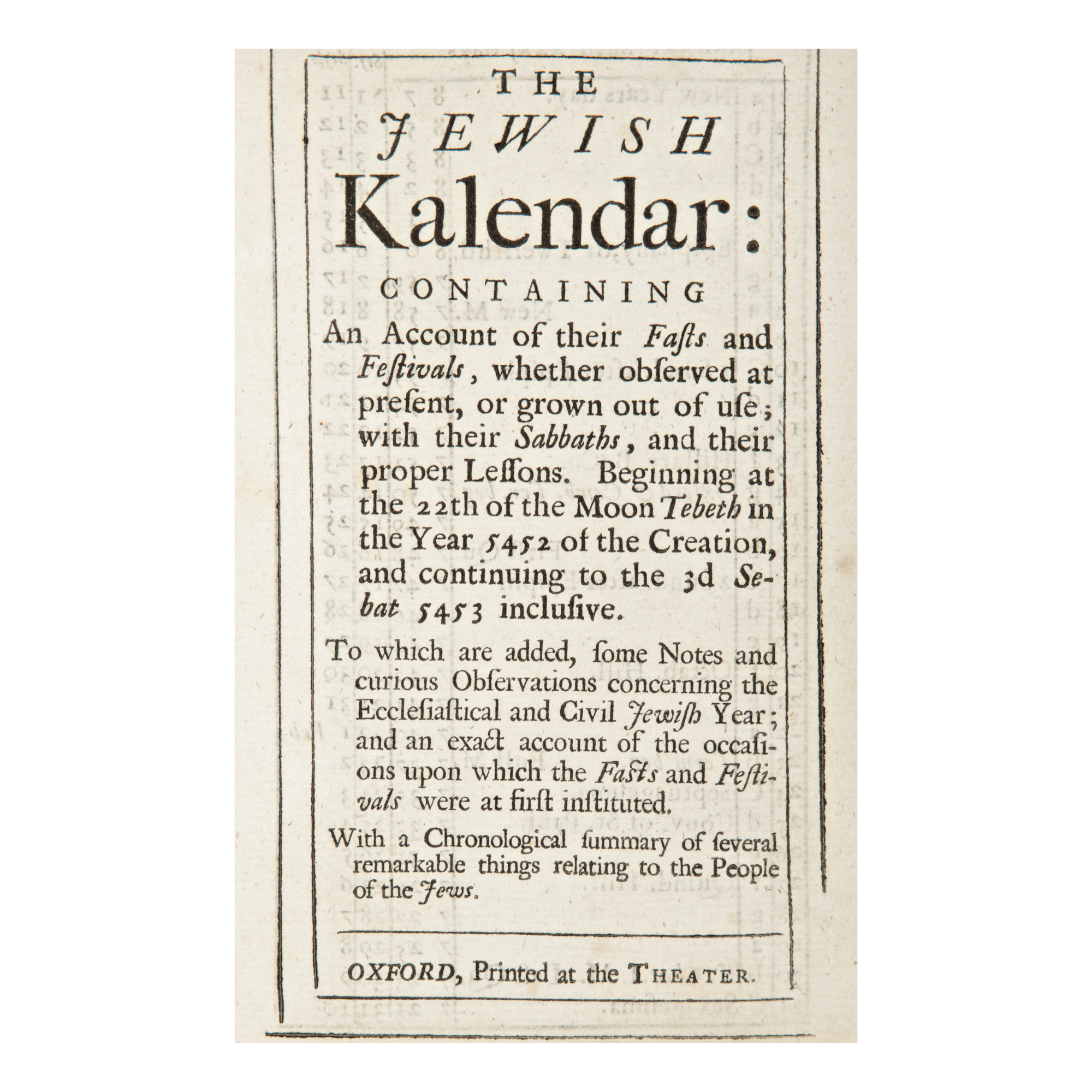 THE OXFORD ALMANACK FOR THE YEAR OF OUR LORD GOD 1692 […] THE JEWISH ...