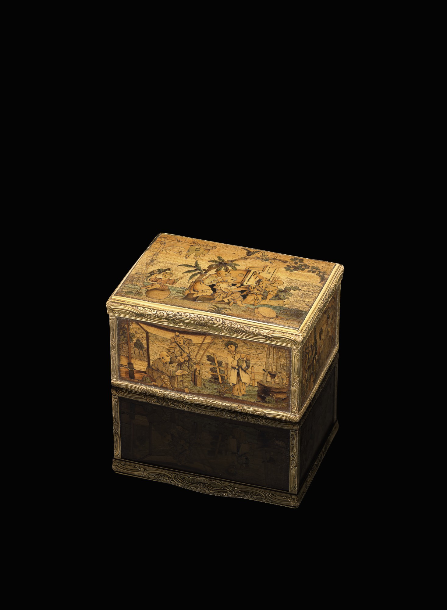 A rare marquetry fruitwood snuff box with gold mounts, German, circa ...