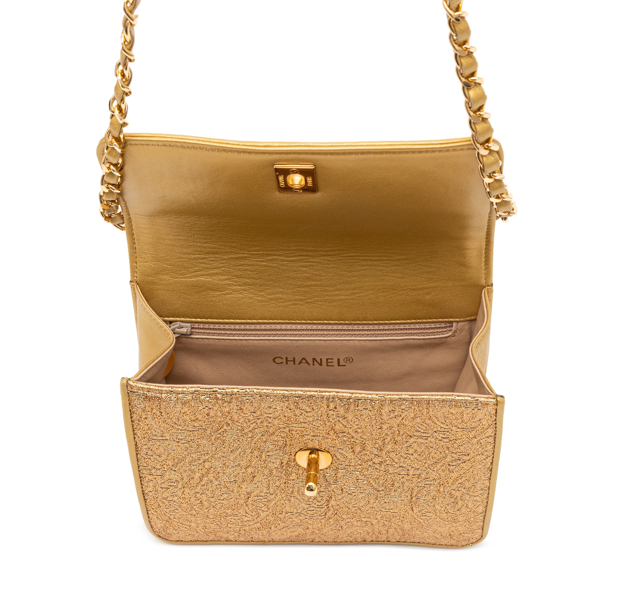 Gold Brocade Textile and Lambskin Mini Half-Flap Gold Hardware, 1992 ...