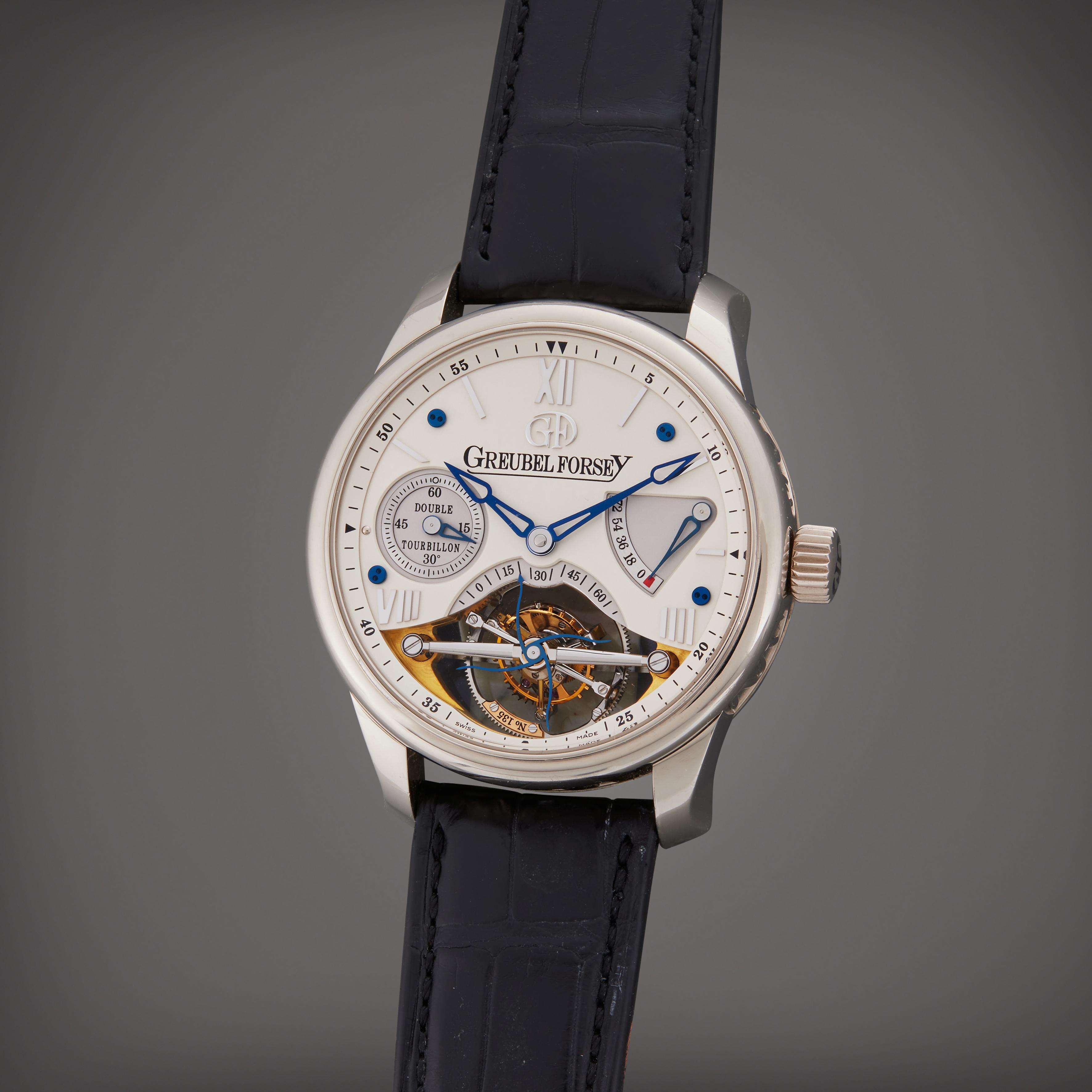 Double Tourbillon 30° | A white gold double tourbillon wristwatch with ...