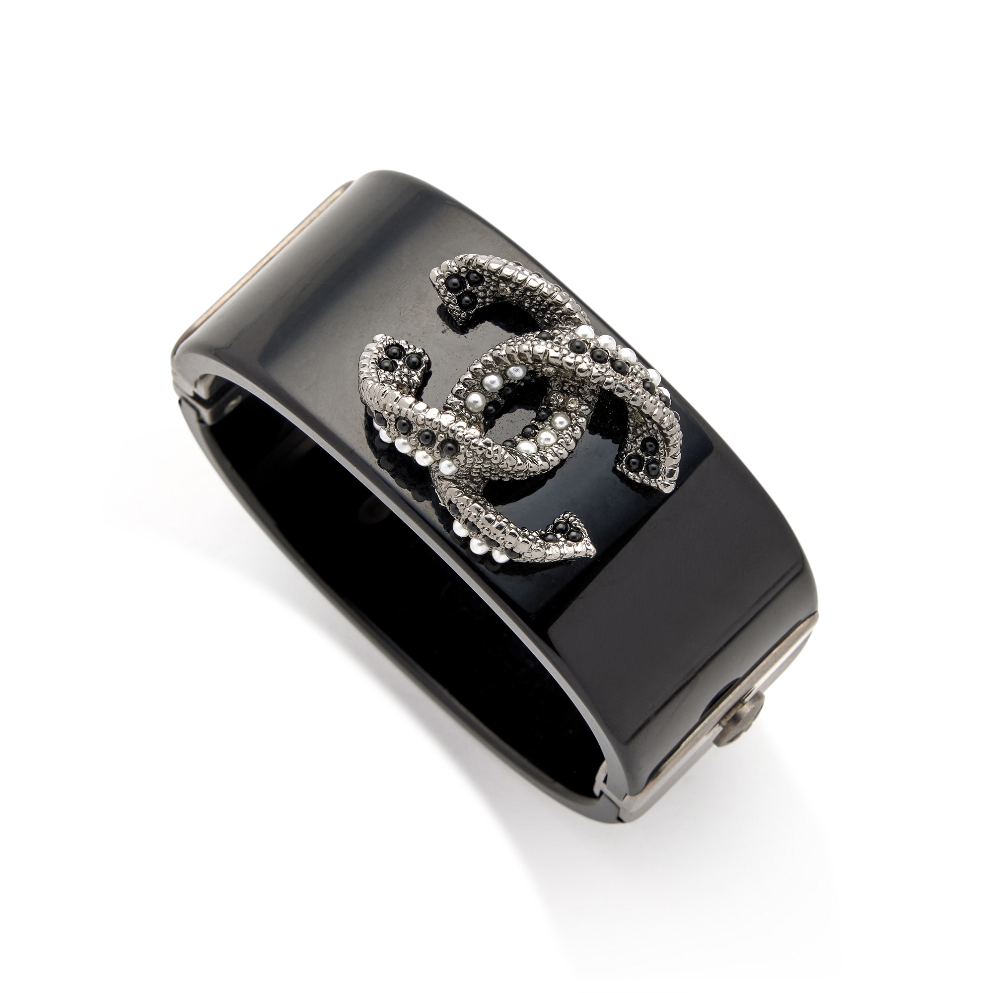 Chanel Black Resin And Imitation Pearl CC Cuff Bracelet Ruthenium Metal ...
