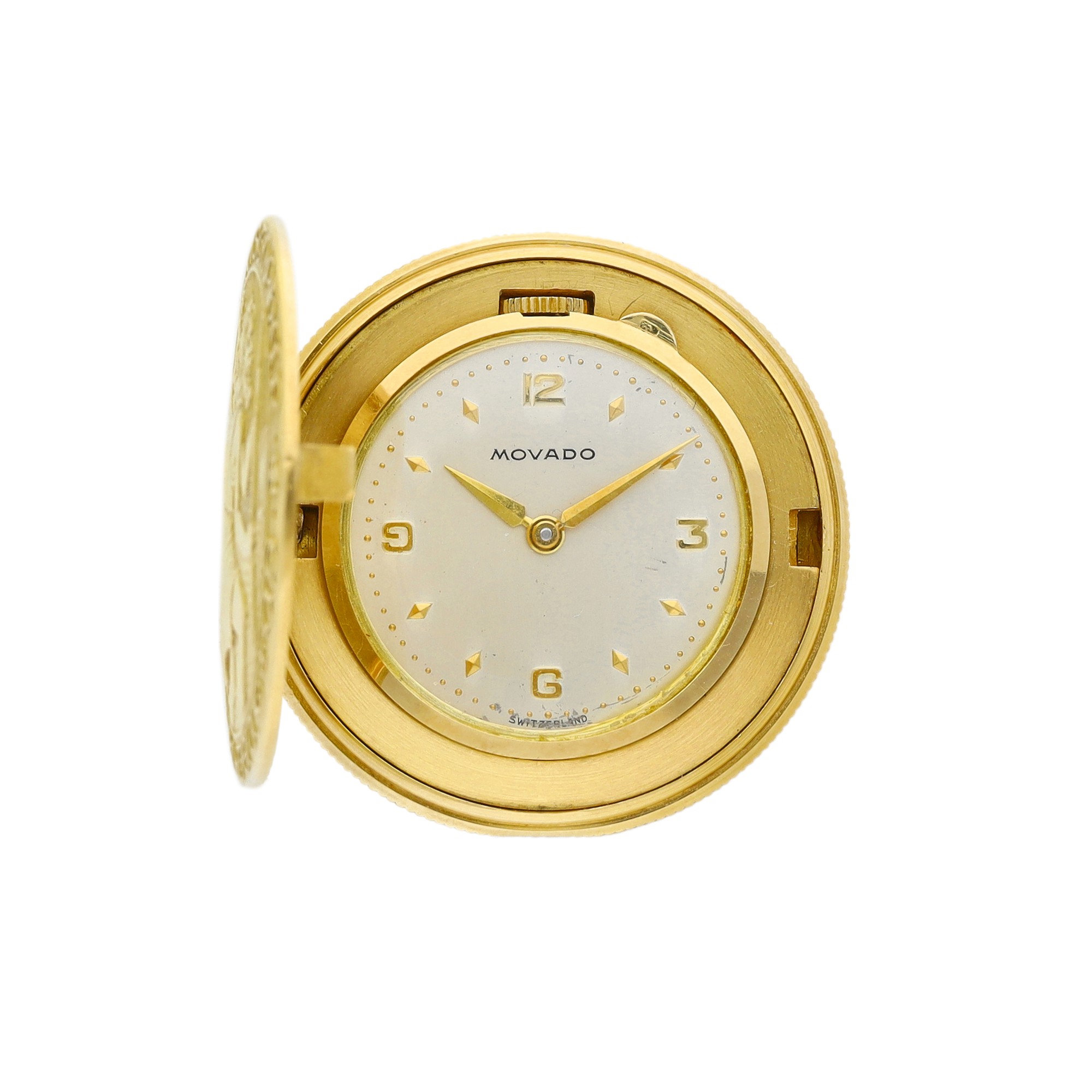 A yellow gold coin watch with St. Christopher engraving, Circa 1960 ...