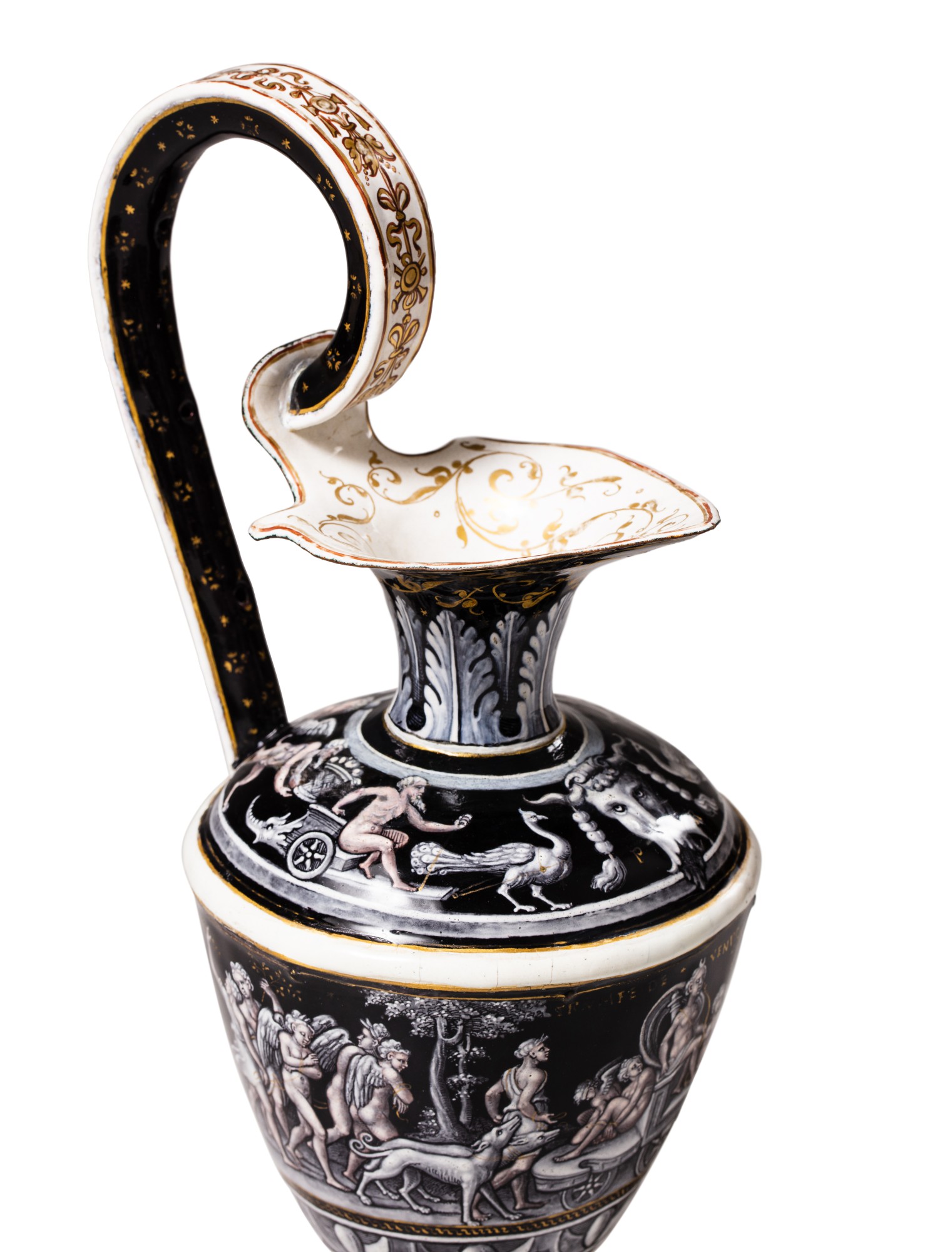 A Limoges grisaille painted enamel Ewer with the Triumph of Venus ...