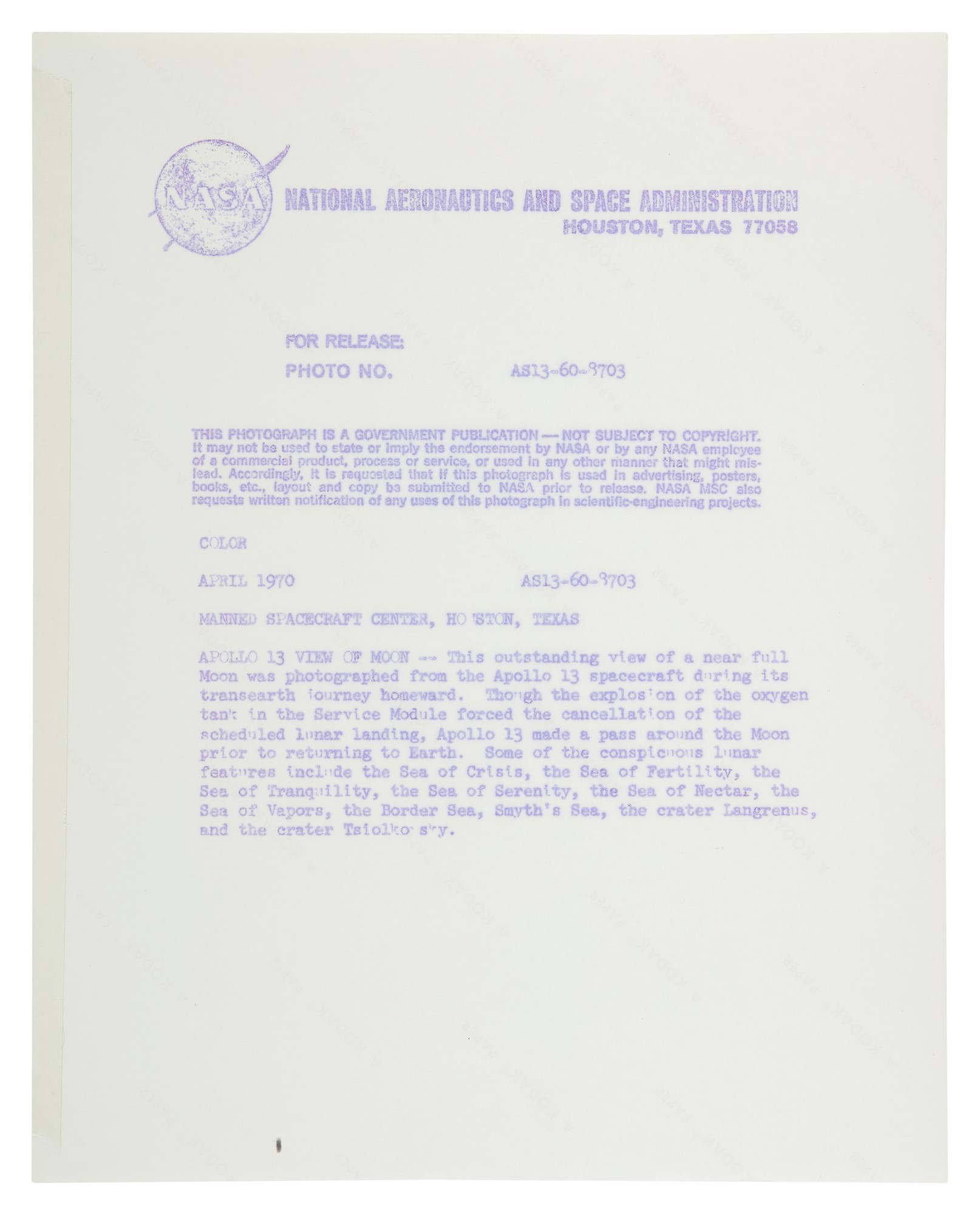 [APOLLO 13] LUNAR DISC. VINTAGE NASA "RED NUMBER" PHOTOGRAPH, 11-17 ...