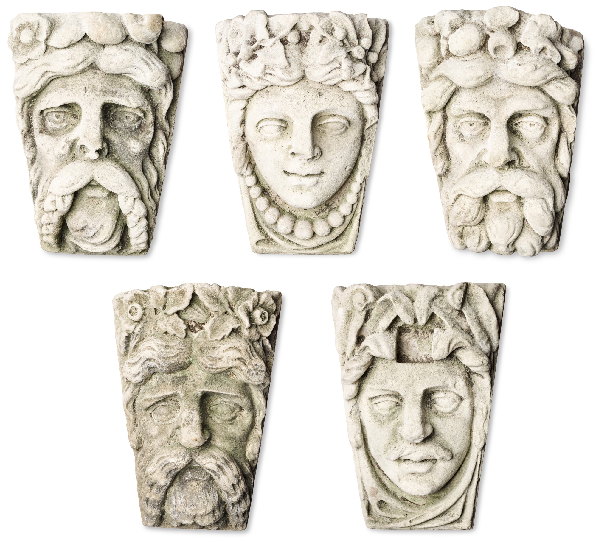 FIVE EDWARDIAN RELIEF CARVED PORTLAND STONE ARCHITECTURAL KEYSTONES ...