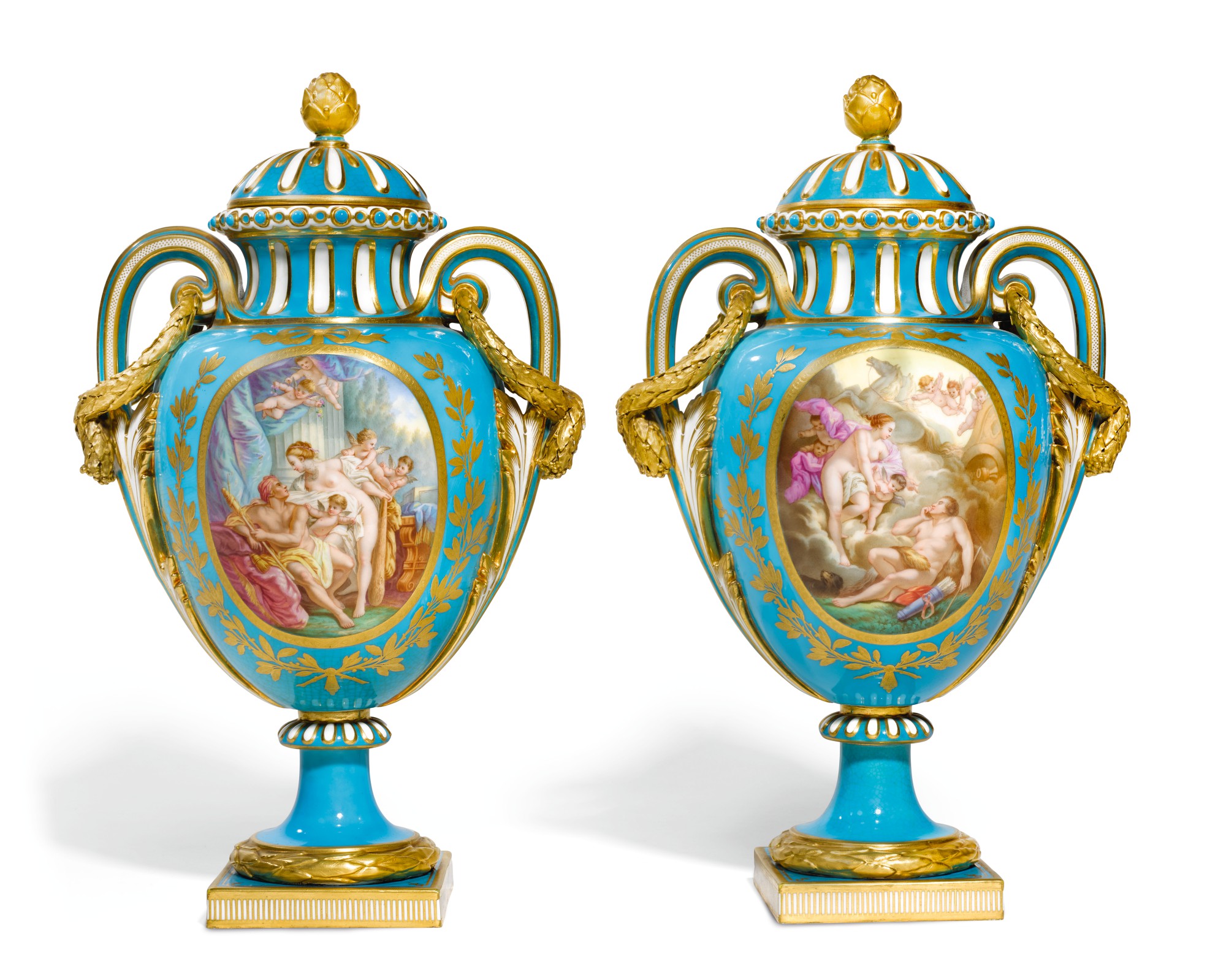 A PAIR OF MINTON TURQUOISE-GROUND TWO-HANDLED OVOID VASES AND COVERS ...