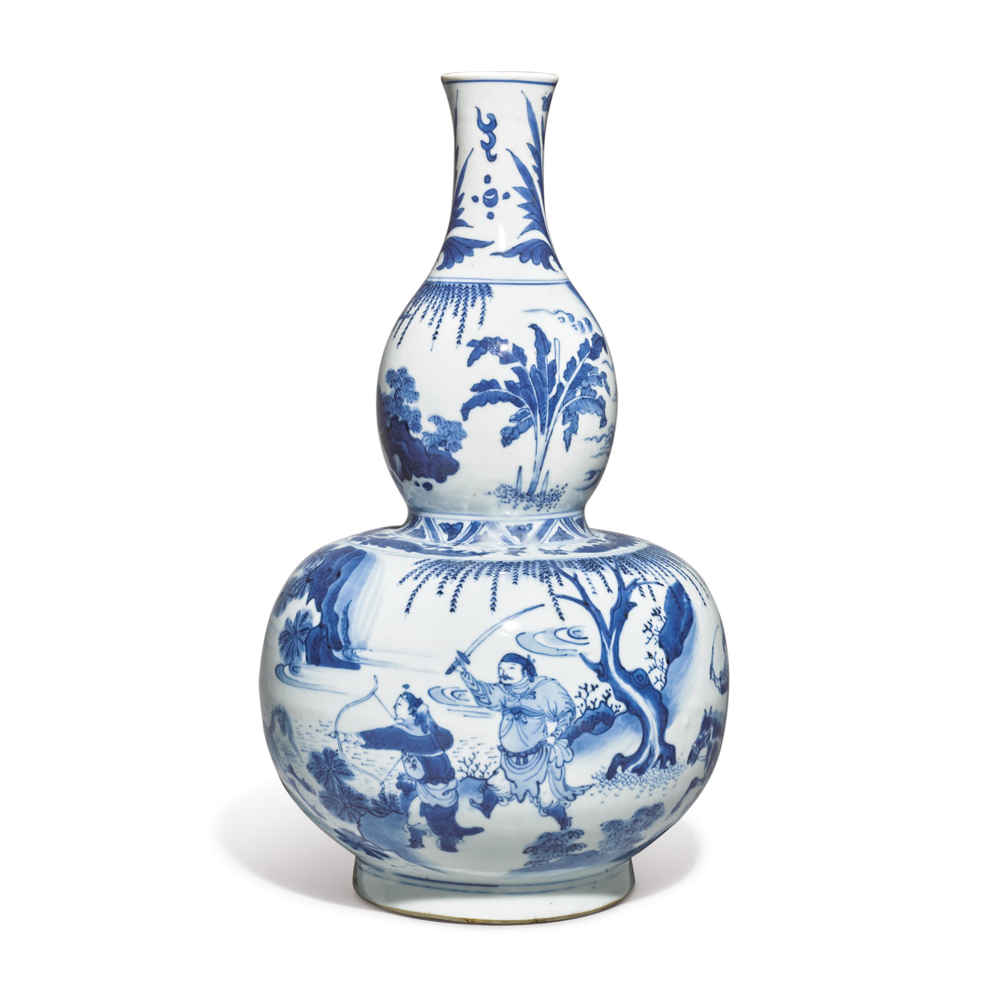 A BLUE AND WHITE 'FIGURAL' DOUBLE-GOURD VASE, TRANSITIONAL PERIOD ...