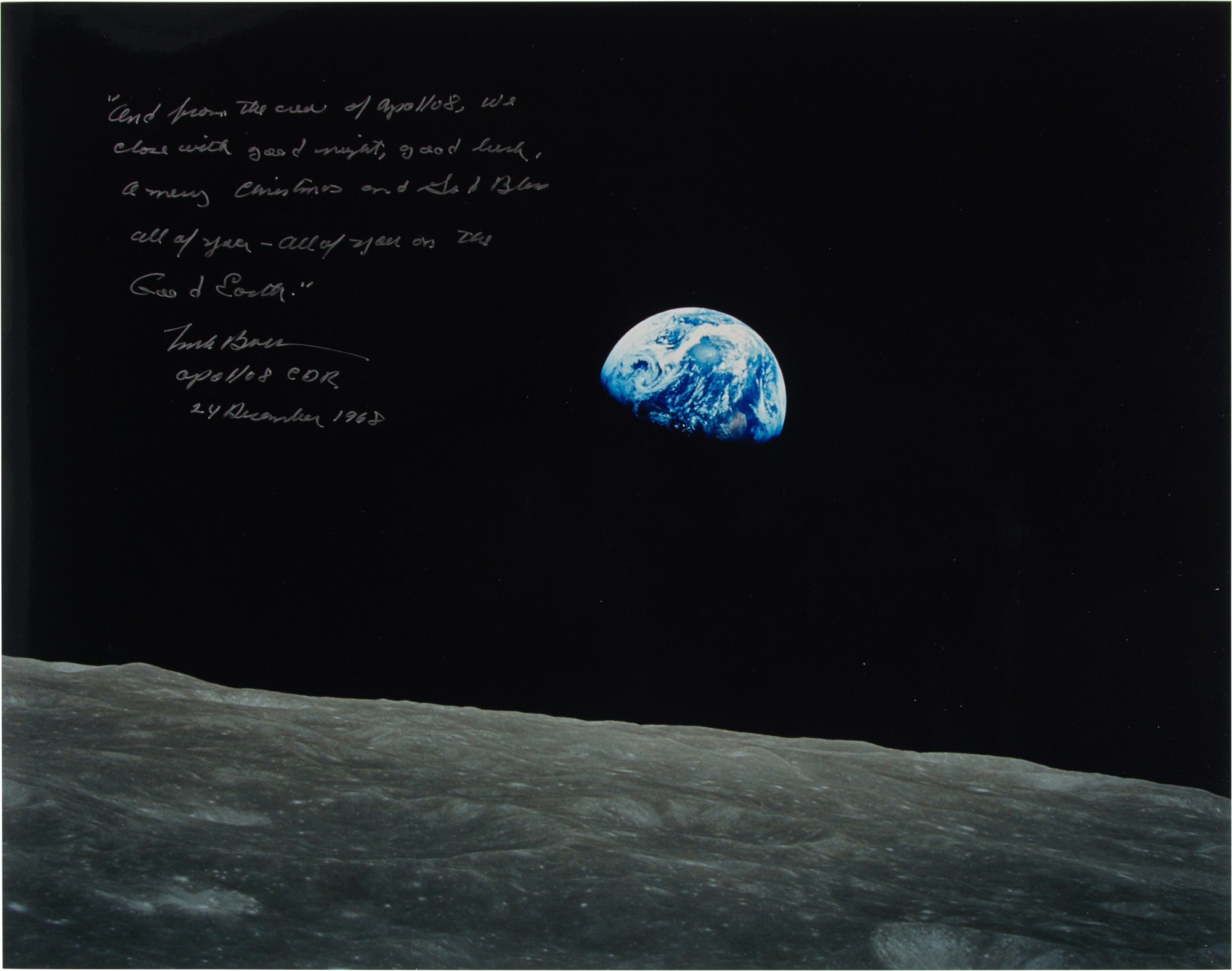 [Apollo 8] — Earthrise. Color photograph, signed and inscribed by ...