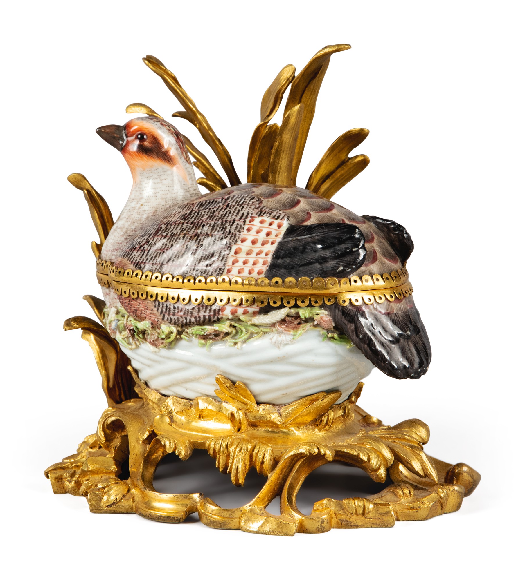 A MEISSEN PORCELAIN PARTRIDGE-FORM TUREEN AND COVER, MOUNTED ON A ...