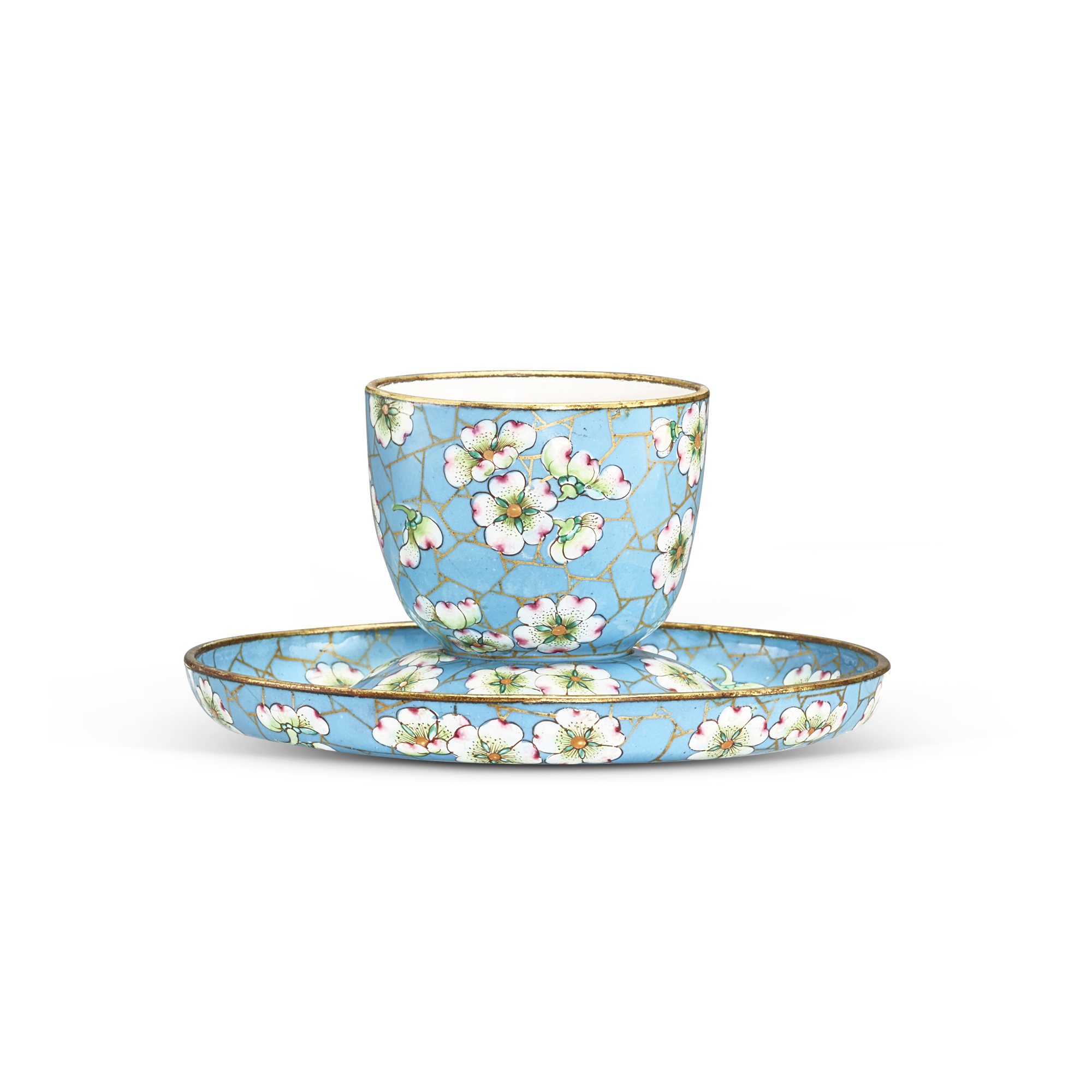 A painted enamel 'prunus and cracked ice' cup and stand, Qing dynasty ...