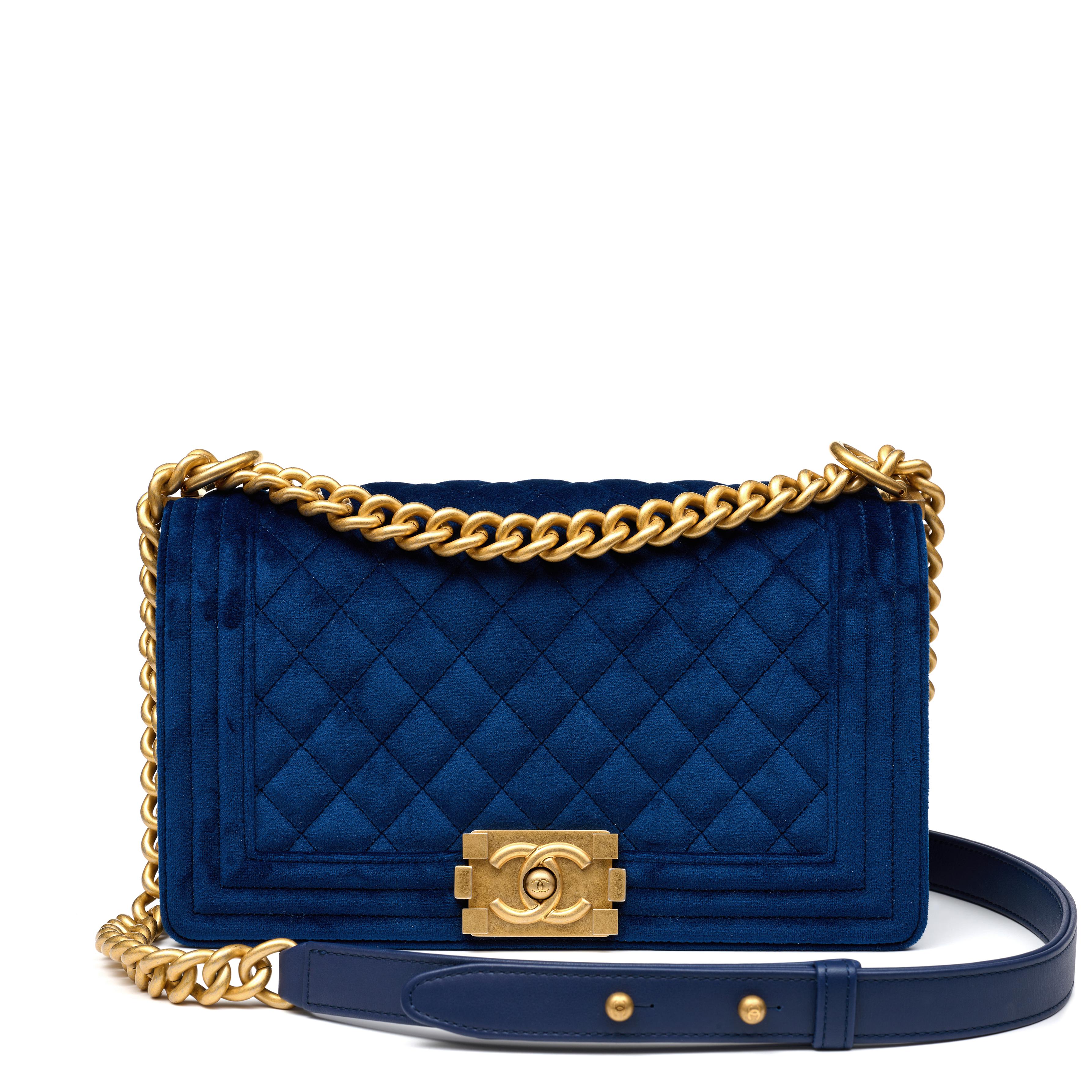 Chanel Chanel Dark Blue Quilted Velvet Medium Boy Bag Gold Hardware ...