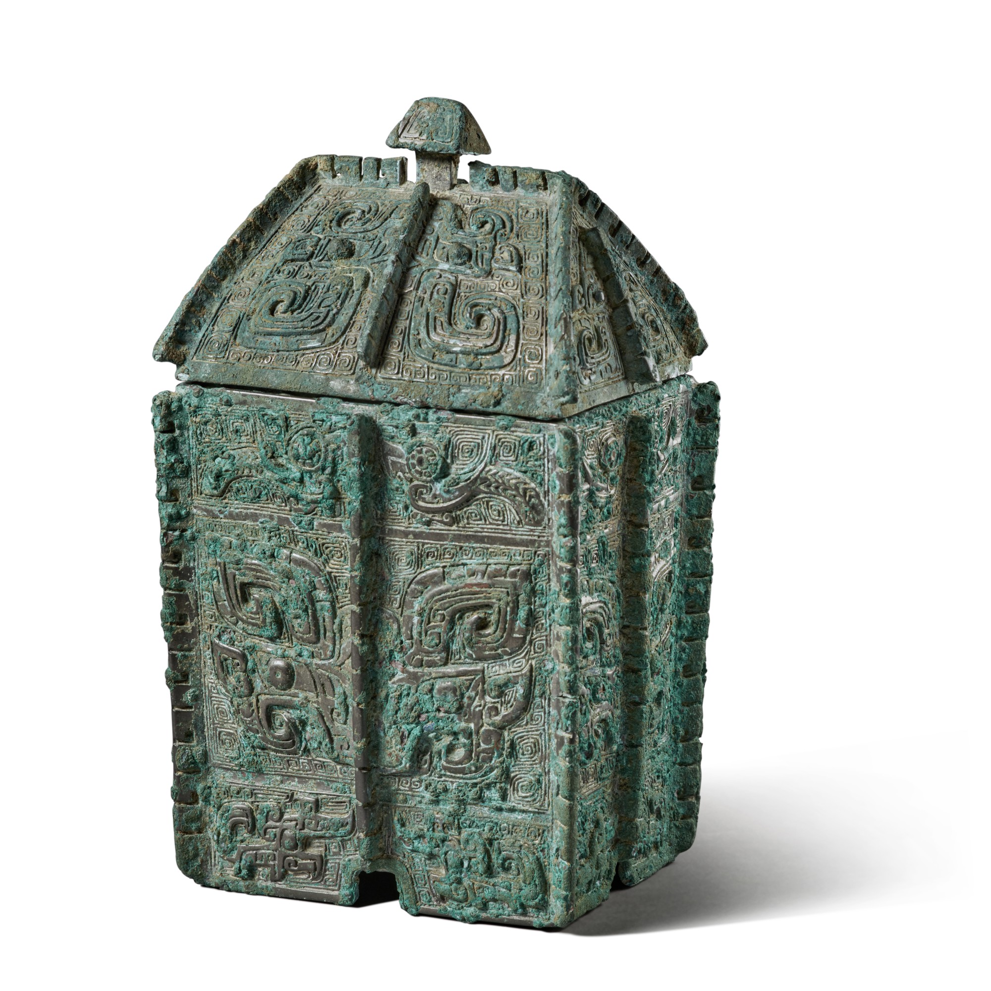An important and rare archaic bronze ritual wine vessel and cover (Fang ...