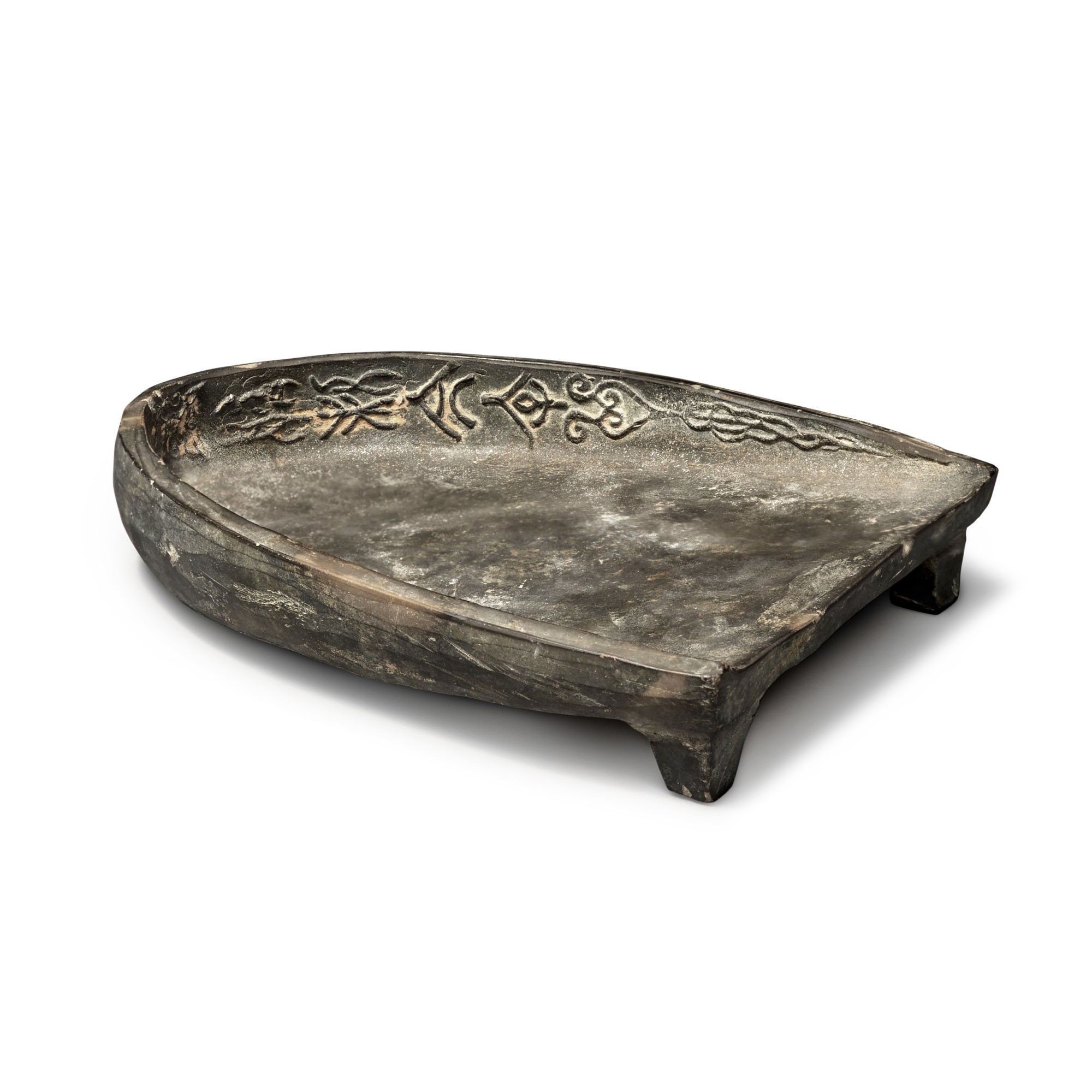 A rare inscribed gray pottery ink stone, Han dynasty, dated Jianchu 5th ...