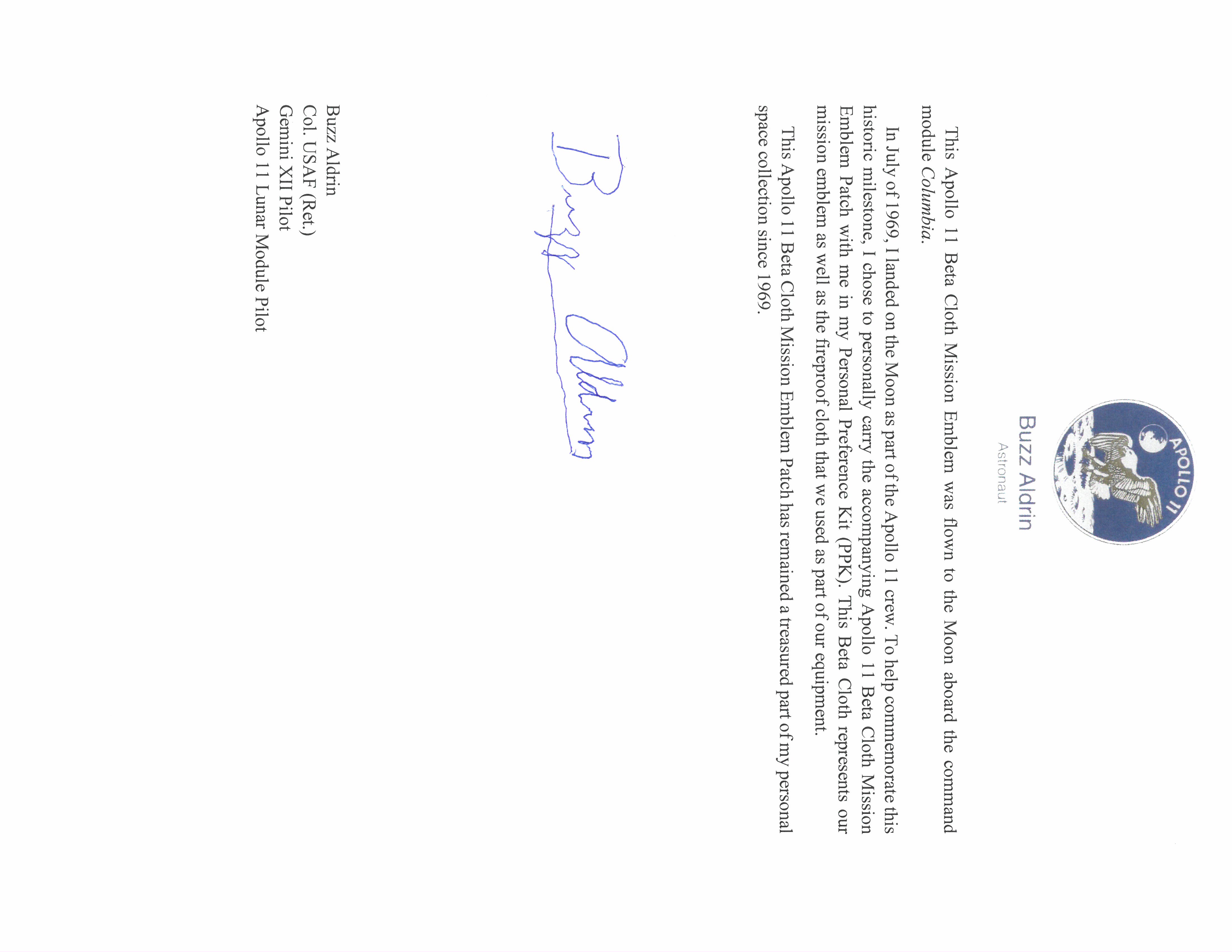 FLOWN to the Moon on Apollo 11—Buzz Aldrin's Apollo's 11 Beta Cloth ...