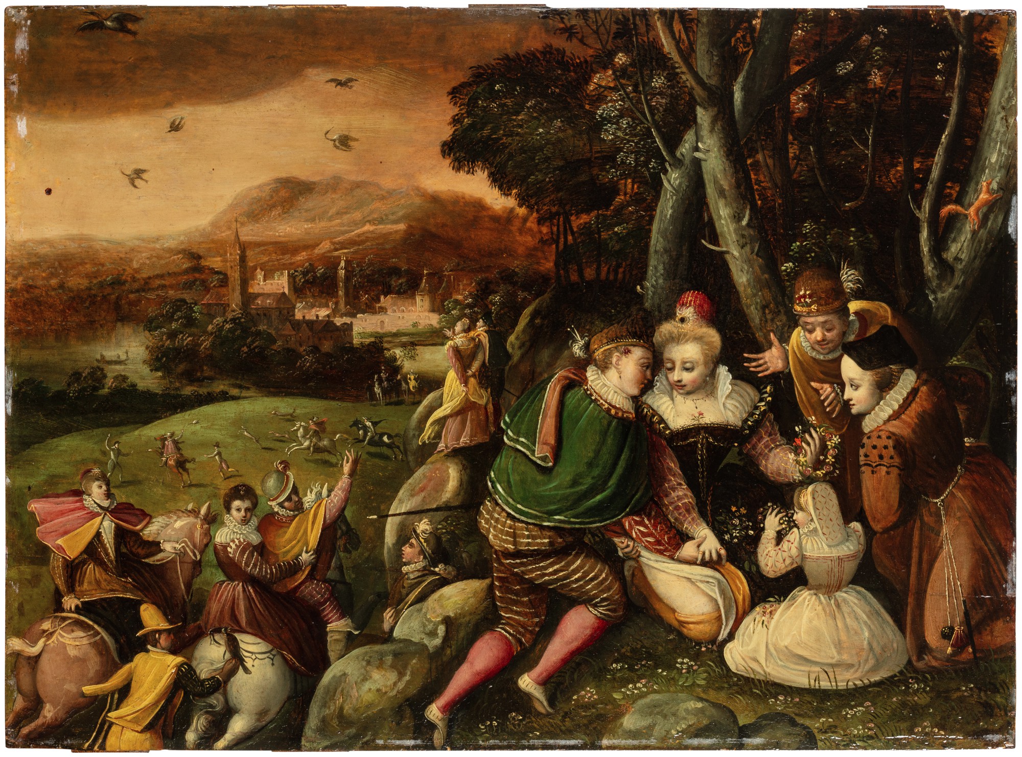 A scene of gallantry with a hunting scene in the background | Scène ...