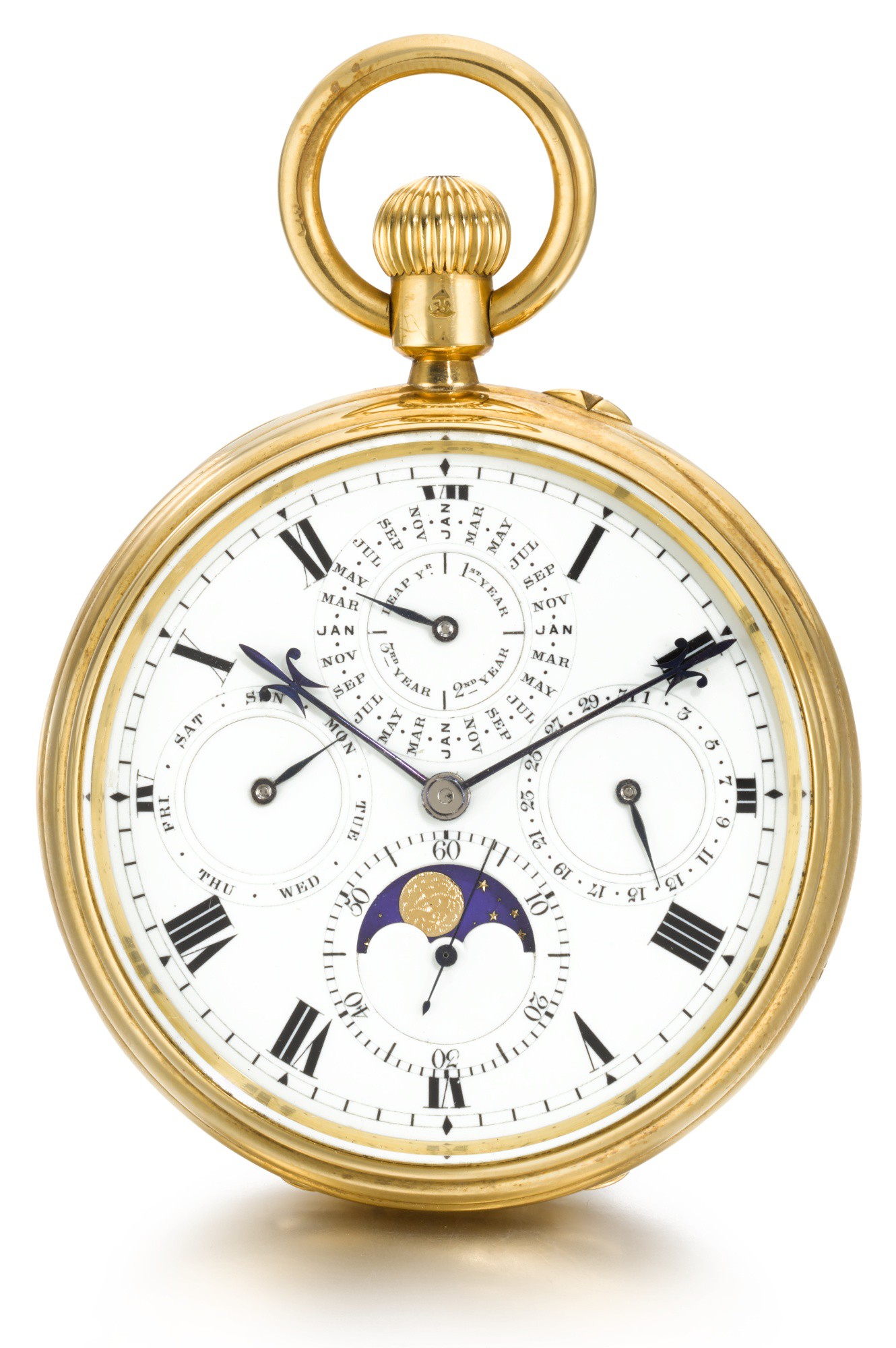 A VERY FINE GOLD OPEN-FACED KEYLESS LEVER PERPETUAL CALENDAR WATCH WITH ...