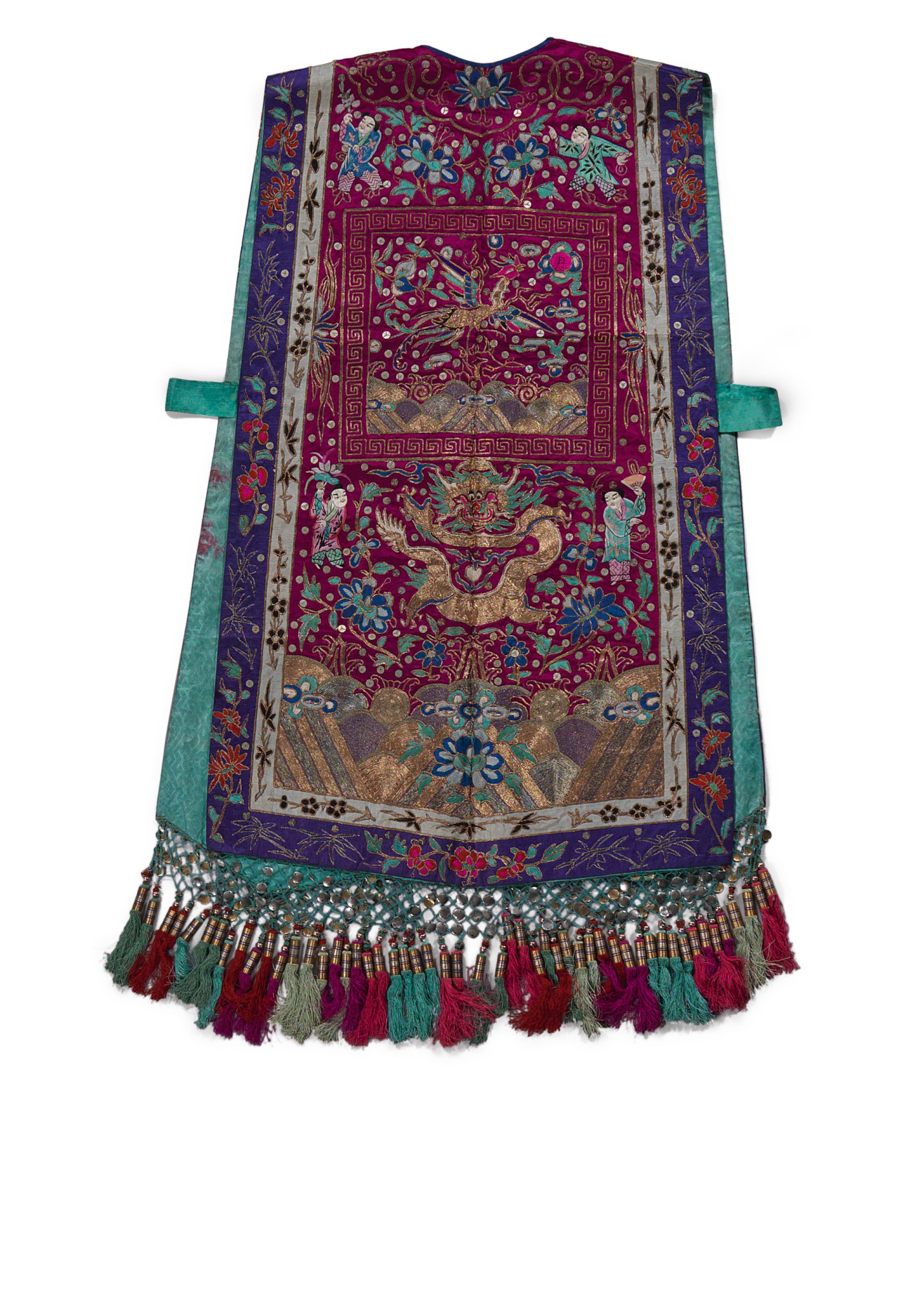 A black-ground silk embroidered 'hundred antiques' lady's robe, Late ...