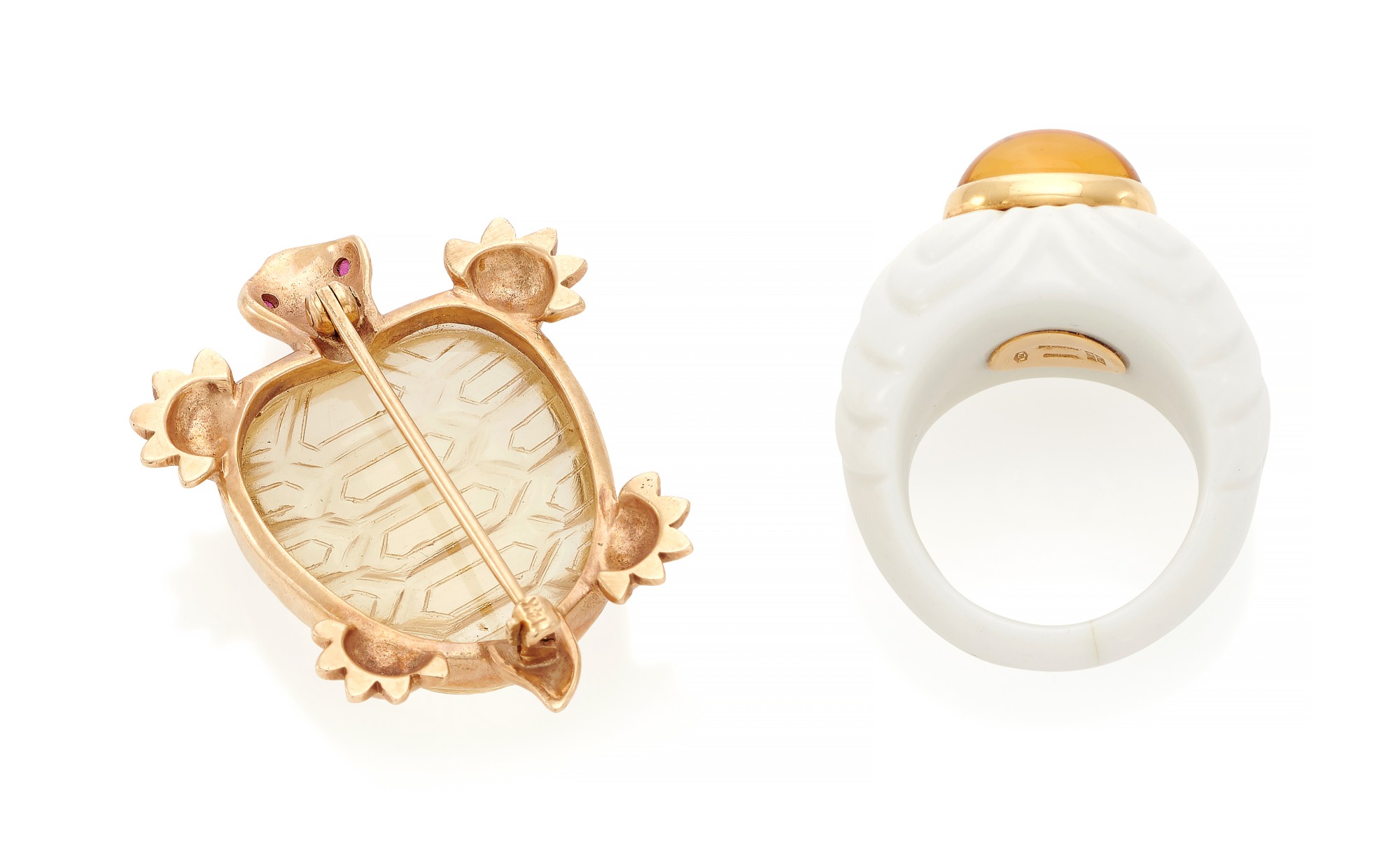 QUARTZ AND RUBY BROOCH AND 'CHANDRA' RING (SPILLA IN QUARZO E RUBINI E ...