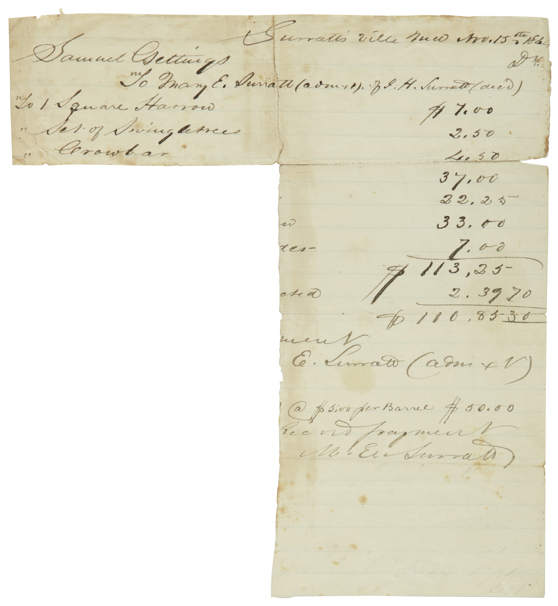 Surratt, Mary – (Lincoln Assassination). Partial manuscript document ...