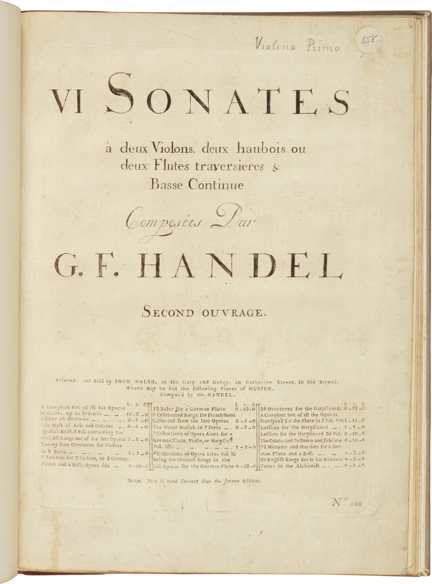 G.F. Handel. Early edition of the Op.2 sonatas, c.1732-1733 | Early ...