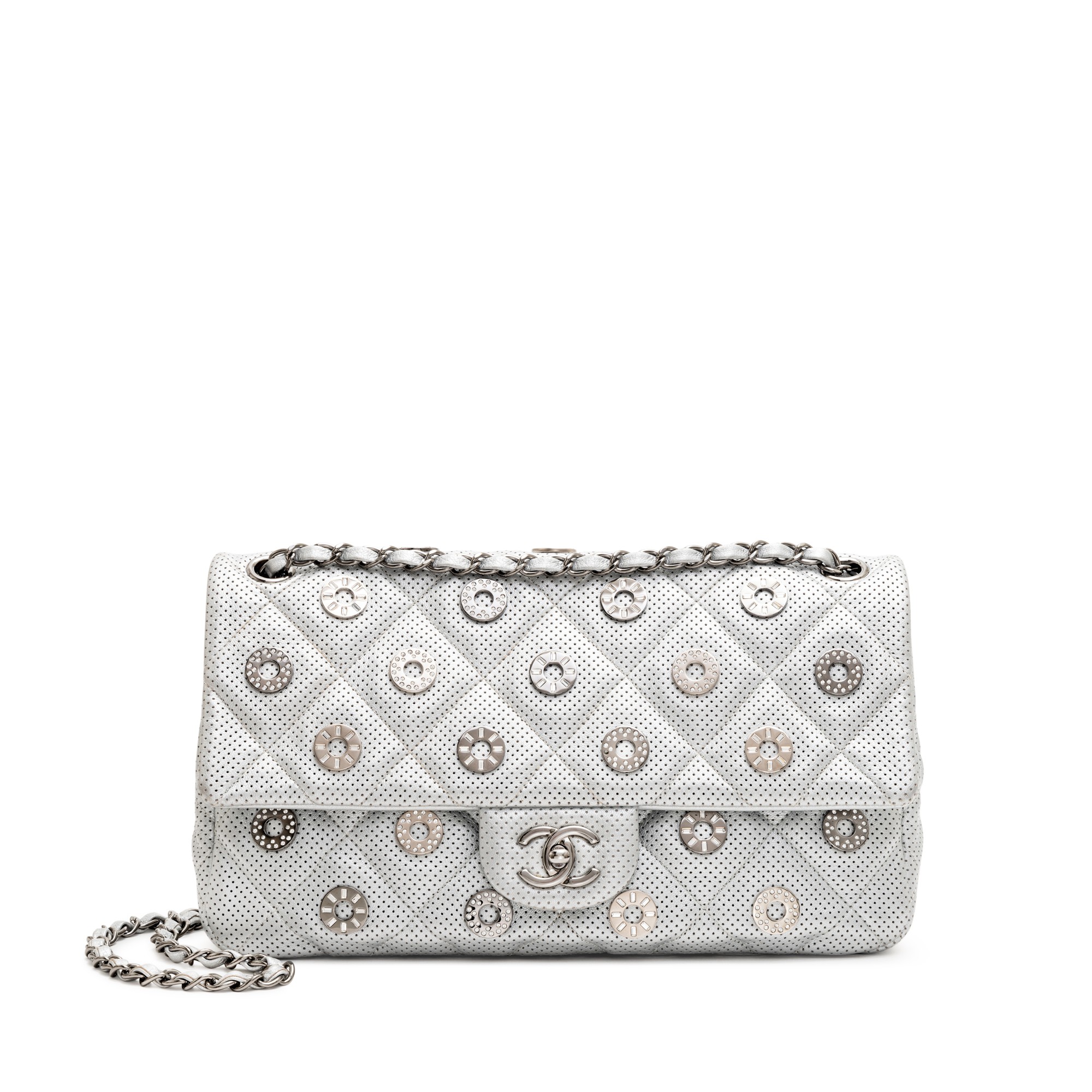 Chanel Silver Quilted Perforated Lambskin Paris-Dubai Eyelet Flap ...