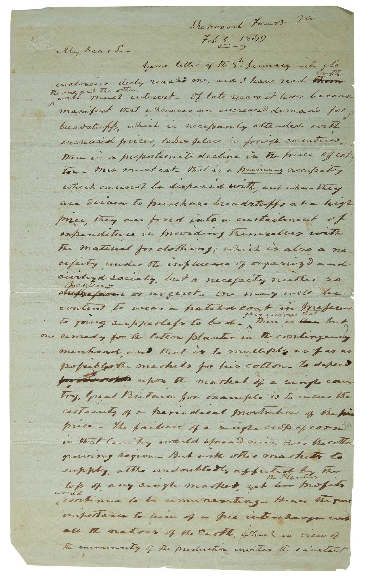 Tyler, John. A letter in which Tyler affirms cotton's relationship to ...