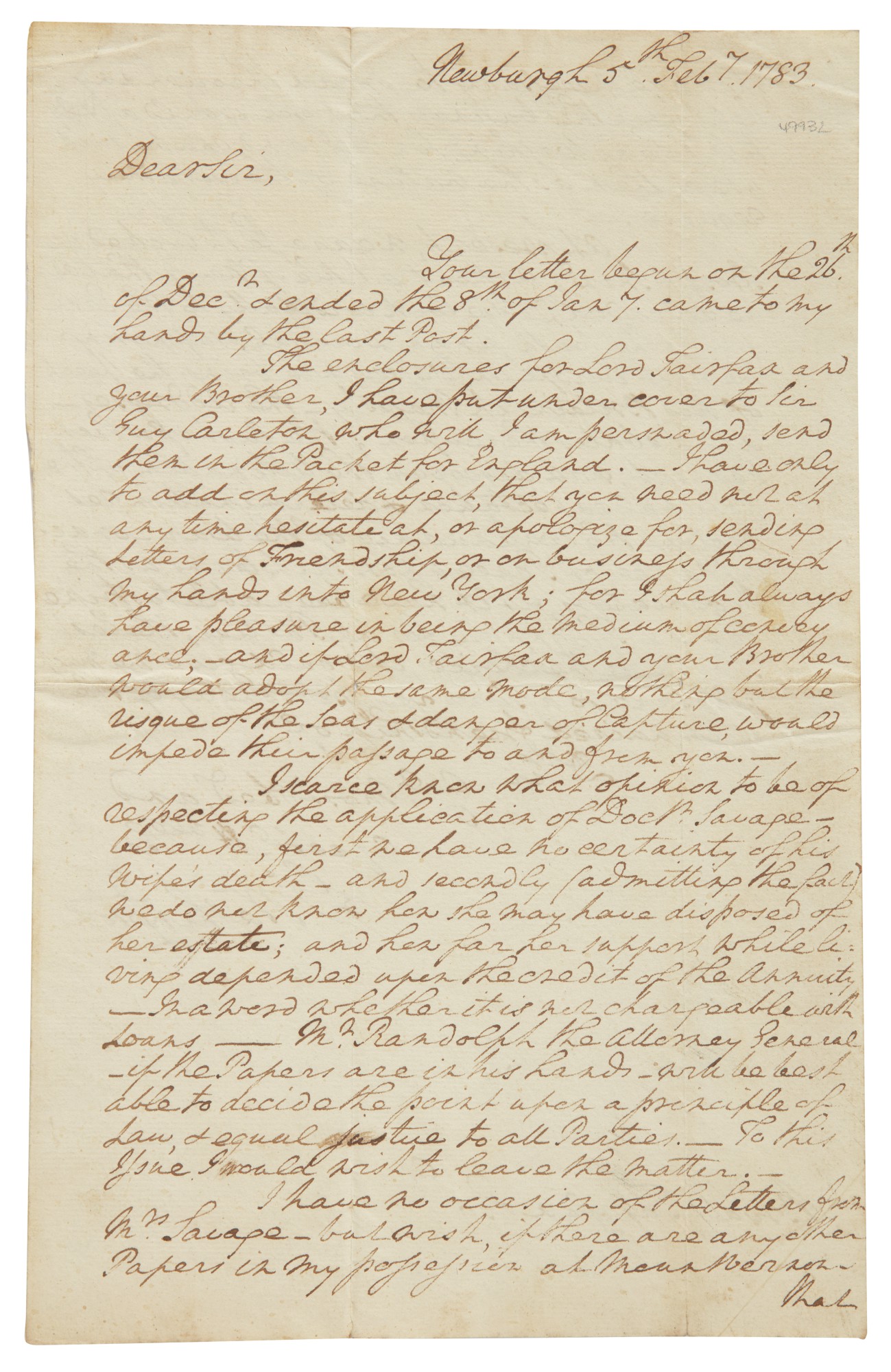 WASHINGTON, GEORGE | Autograph letter signed ("Go: Washington") as ...