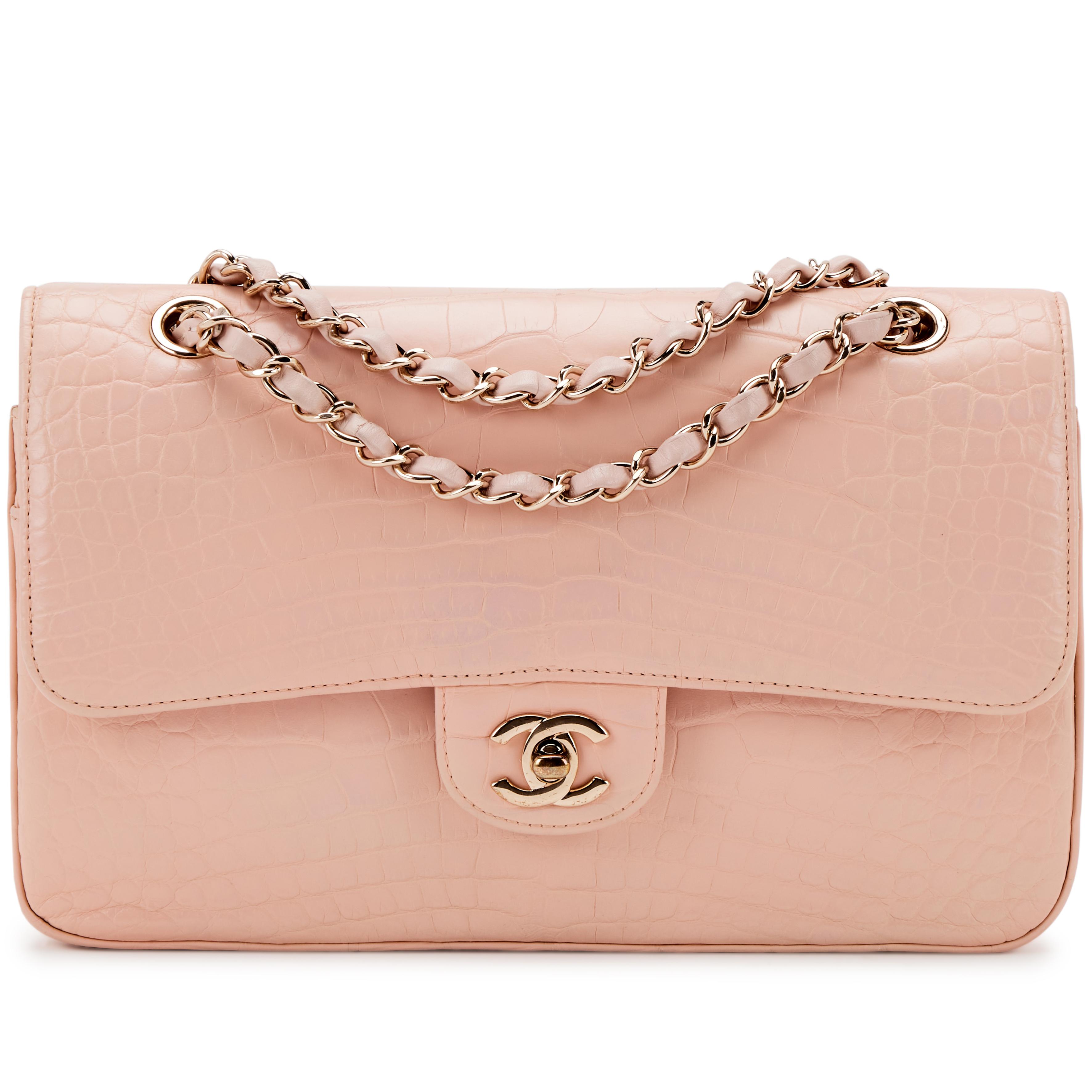 Chanel Light Pink Alligator Classic Medium Double Flap Rose Gold ...