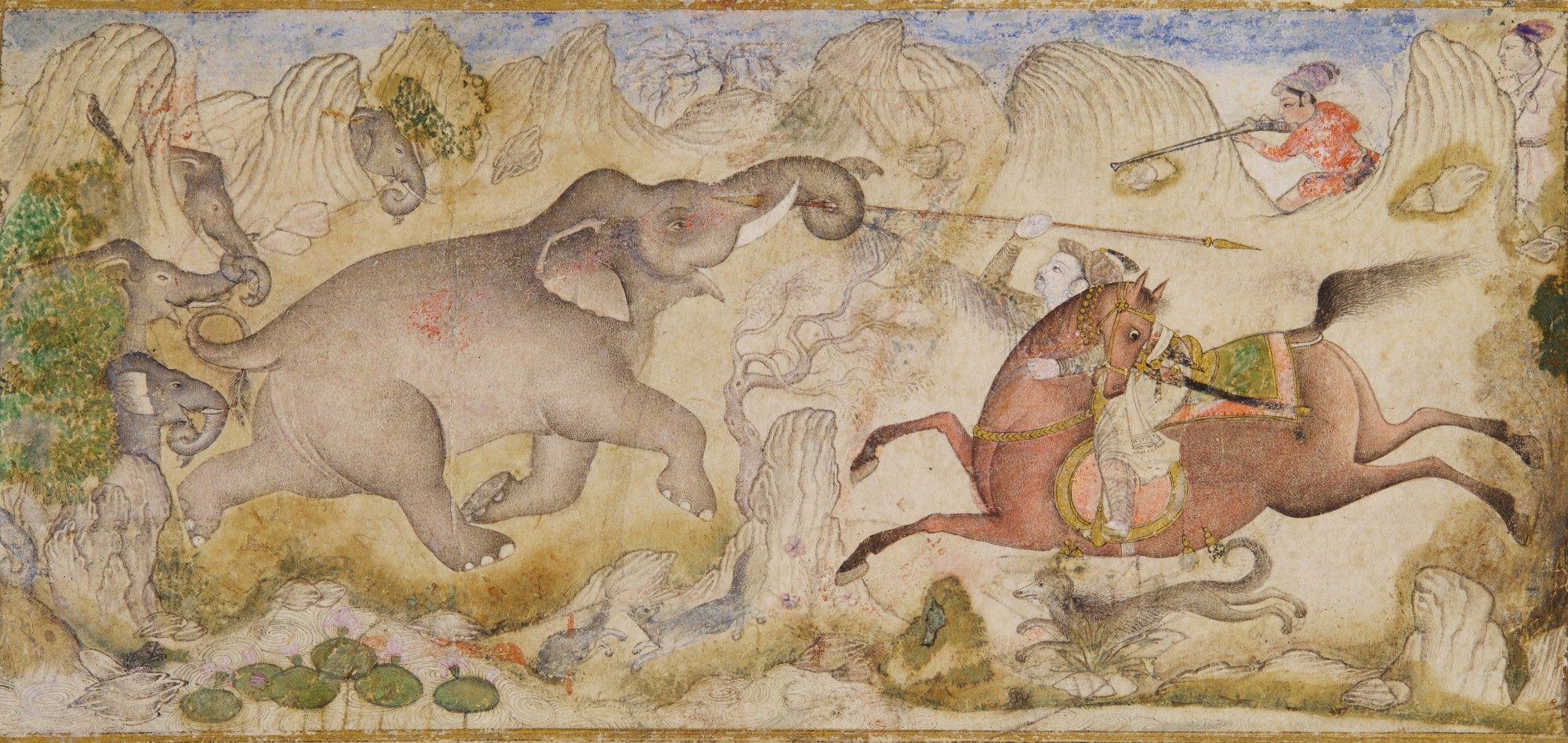 A rider attacking stampeding elephants, India, Mughal, 17th century ...