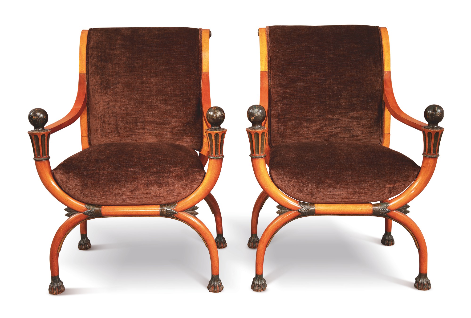A PAIR OF FRENCH DIRECTOIRE MAHOGANY AND EBONISED WOOD FAUTEUILS EN ...