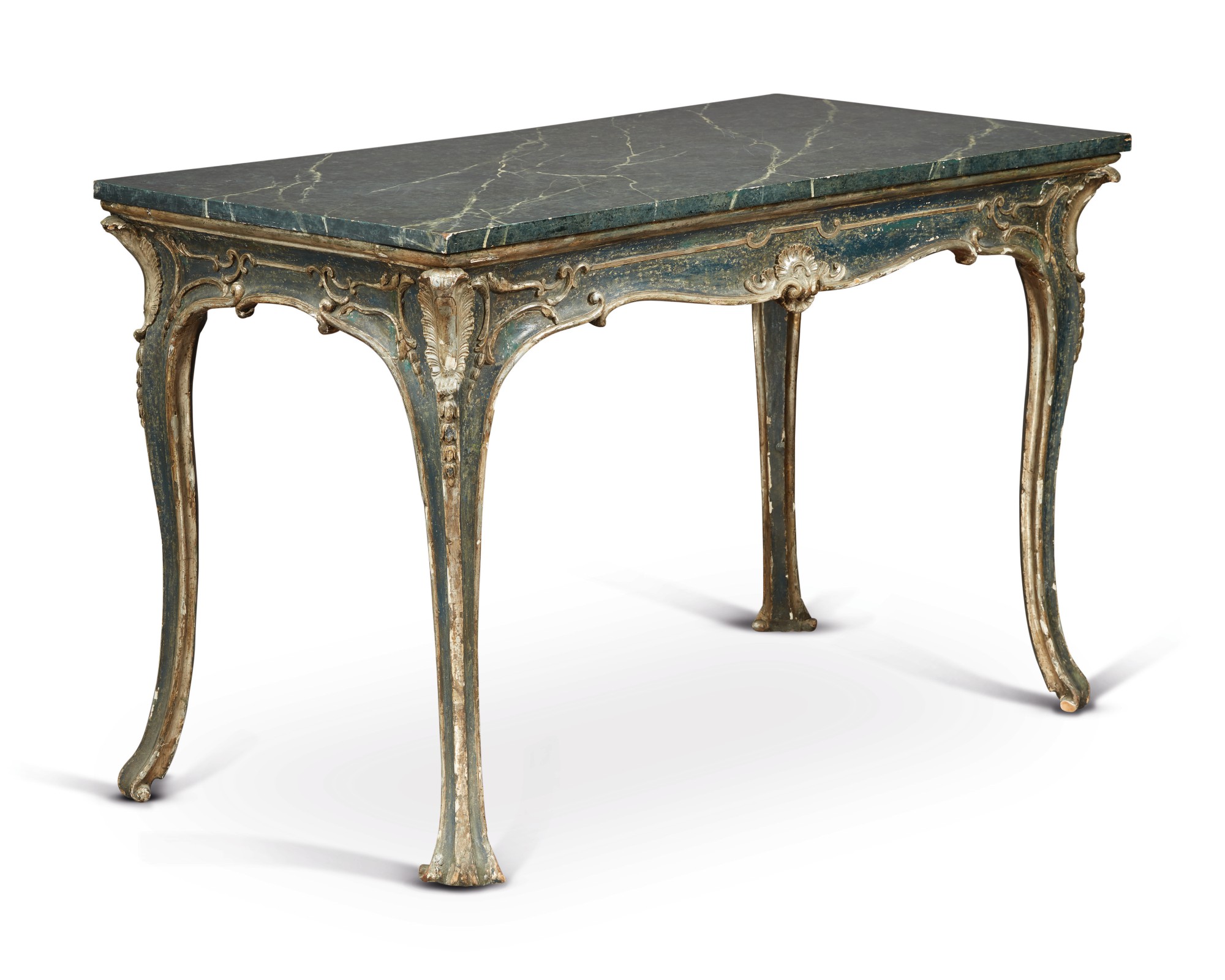 A NEAPOLITAN ROCOCO STYLE GREEN-PAINTED CONSOLE WITH SIMULATED MARBLE ...