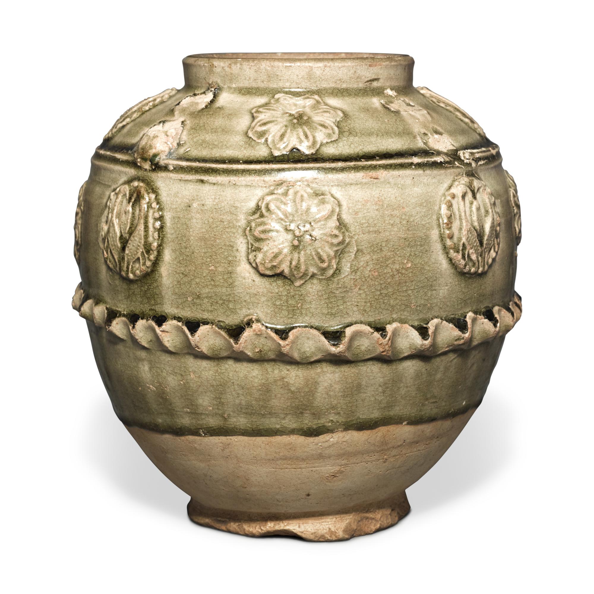 A molded 'Yue' celadon-glazed 'medallion' jar, Sui dynasty | 隋 越窰青釉貼花罐 ...