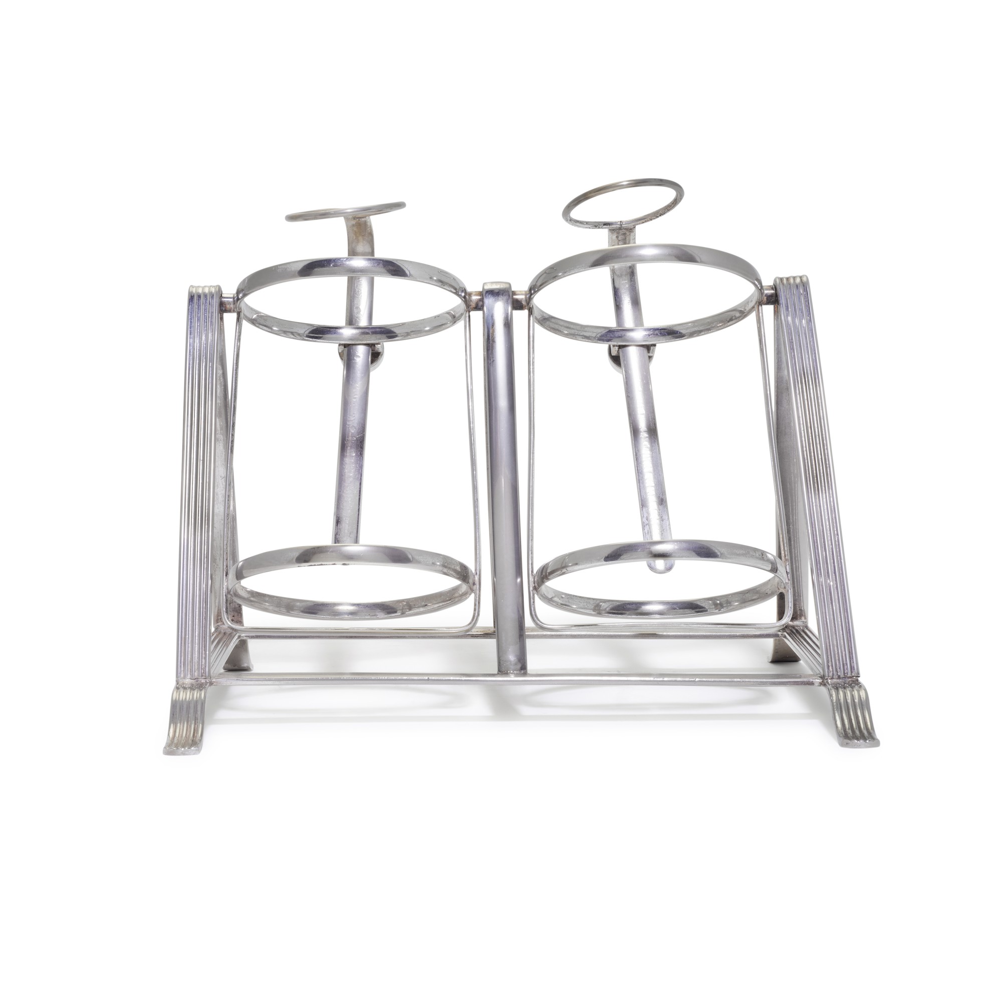 AN UNUSUAL SILVER-PLATED DOUBLE WINE BOTTLE DECANTING CRADLE OR HOLDER ...