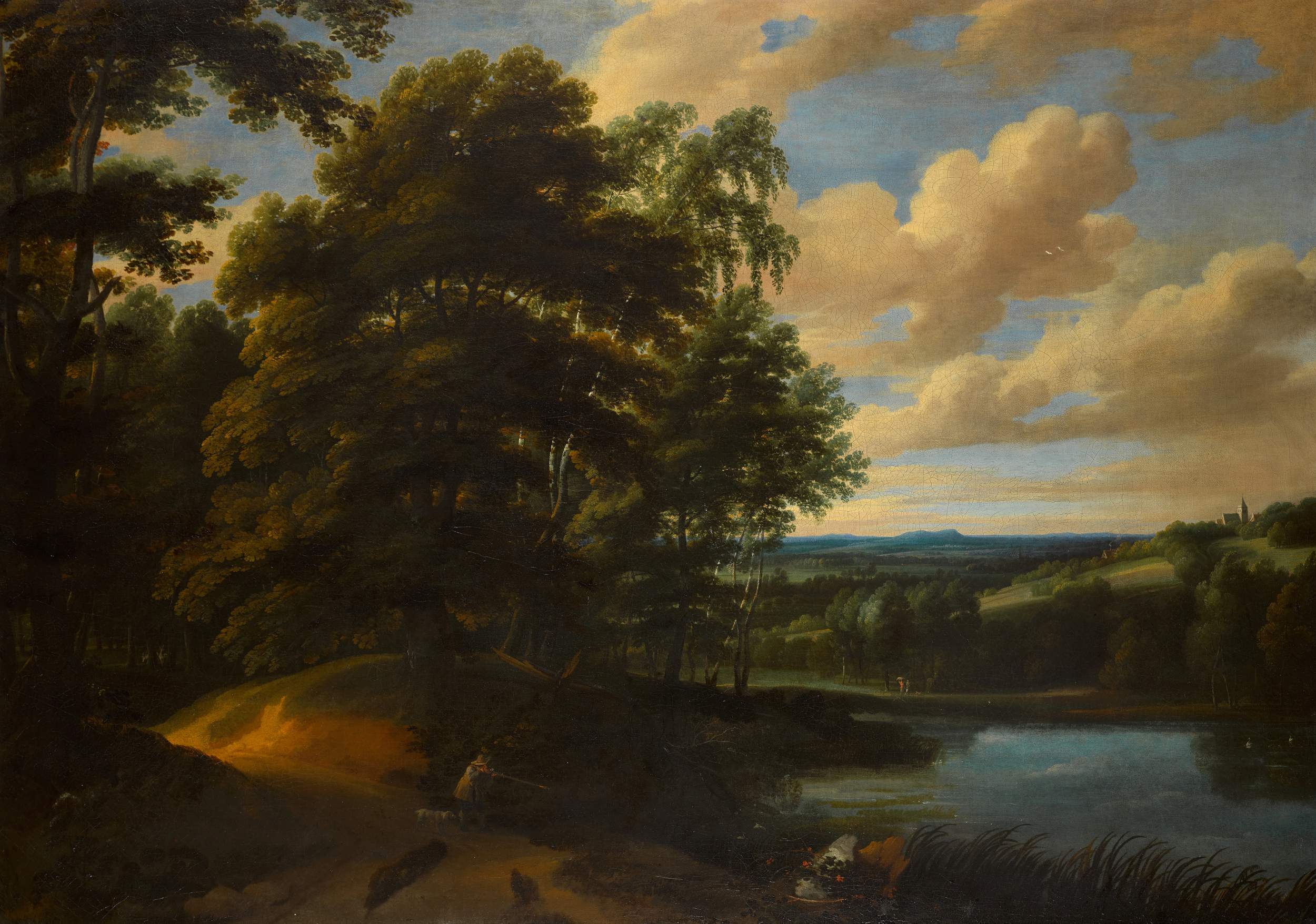 Wooded River Landscape With Hunters Old Master 19th Century