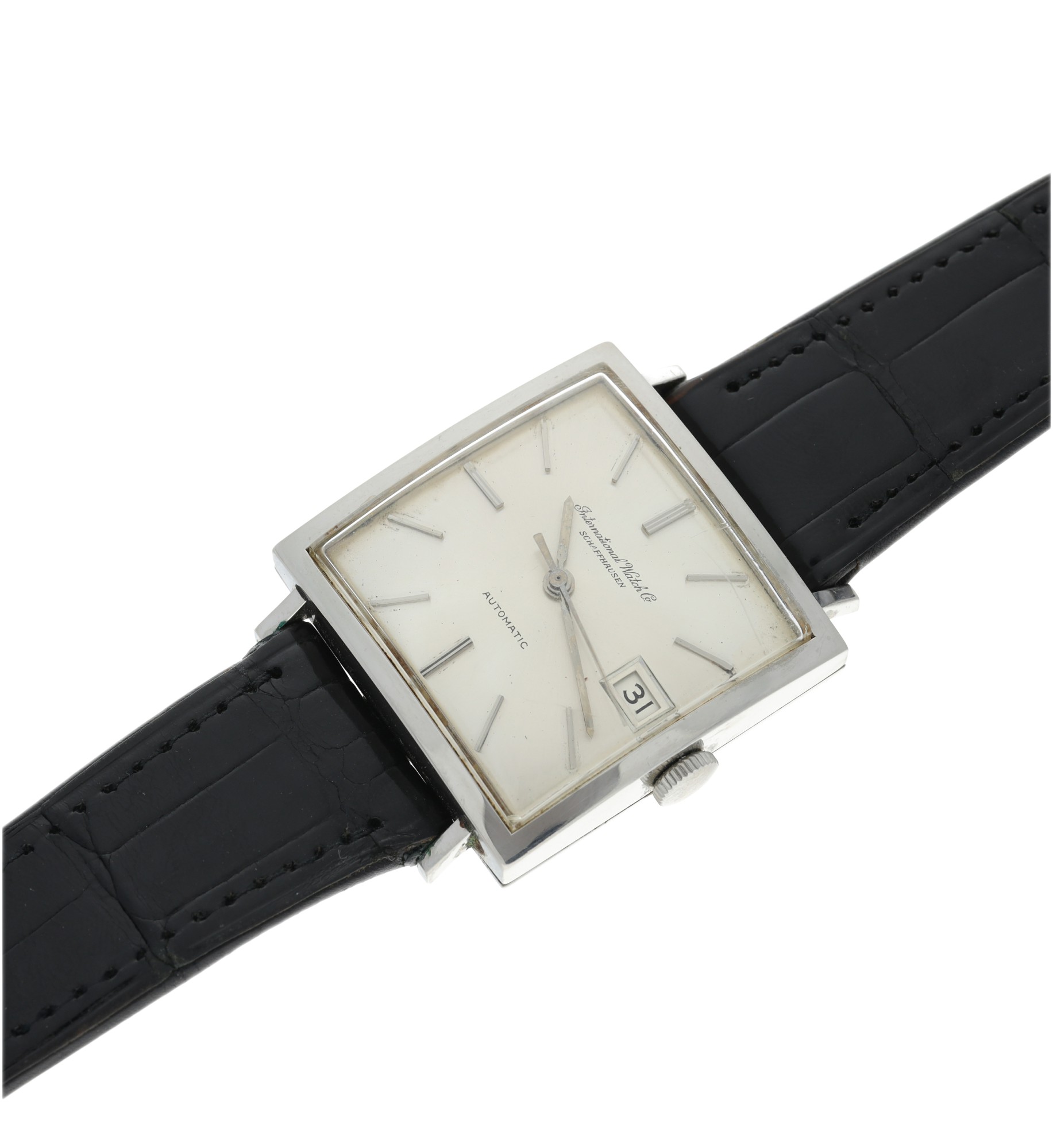 IWC | A STAINLESS STEEL SQUARE FORM AUTOMATIC WRISTWATCH WITH DATE ...