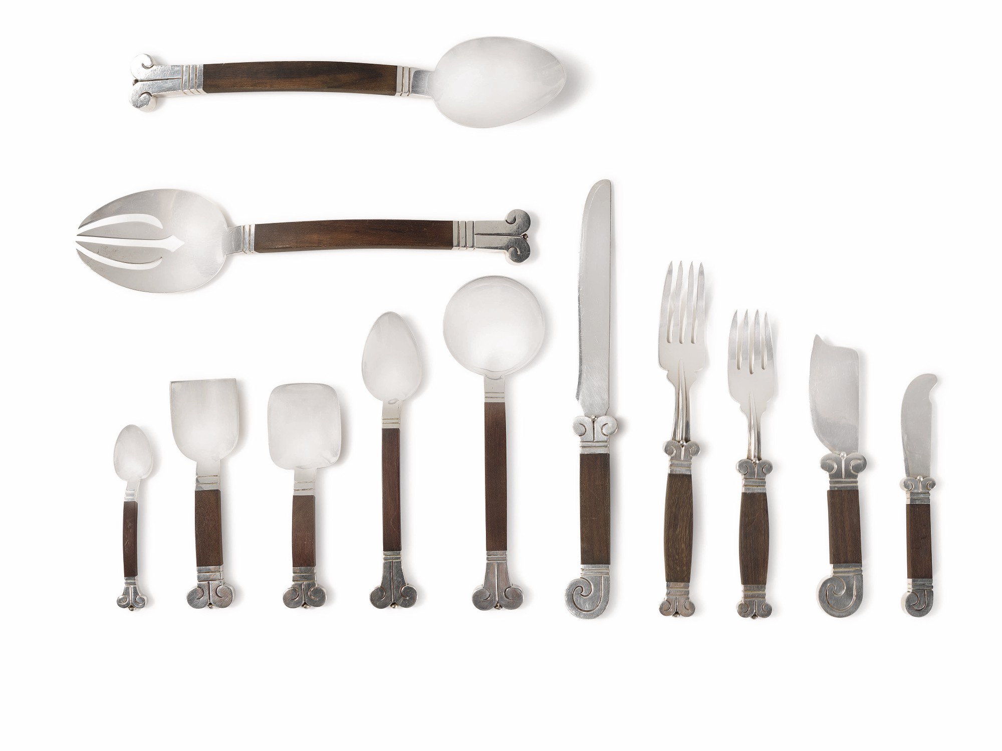 A MEXICAN SILVER AND WOOD AZTEC PATTERN FLATWARE SERVICE, HECTOR ...