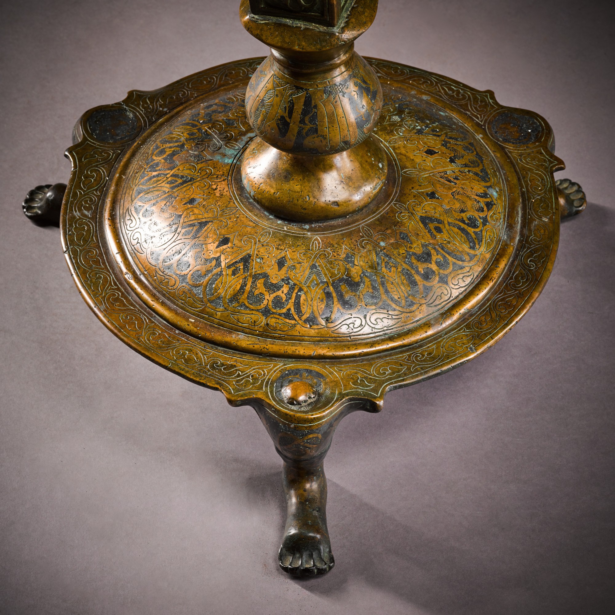 A monumental cast and engraved bronze multiple-wick oil lamp, Andalusia ...