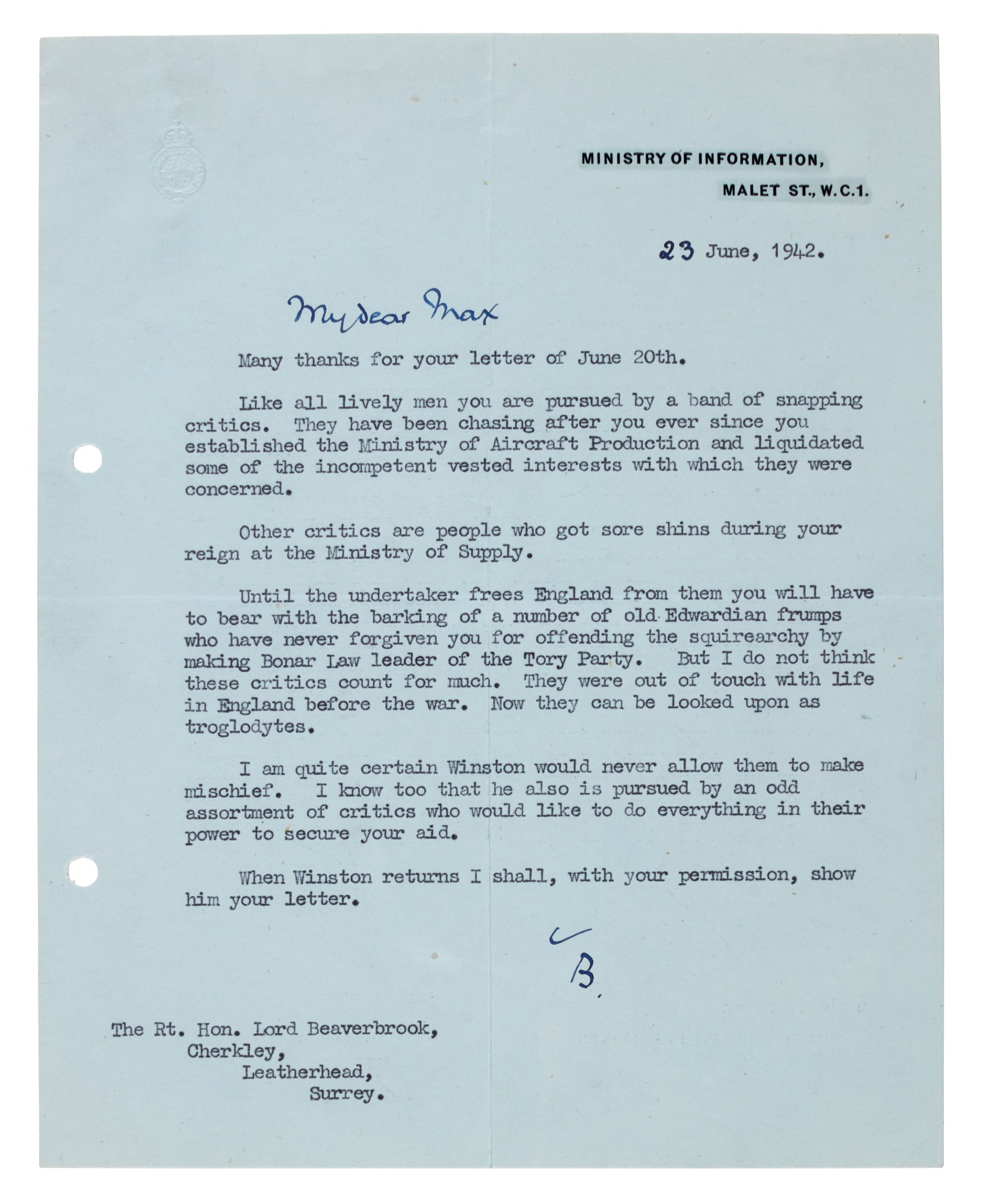 Brendan Bracken | Series of c.140 letters to Lord Beaverbrook, on ...