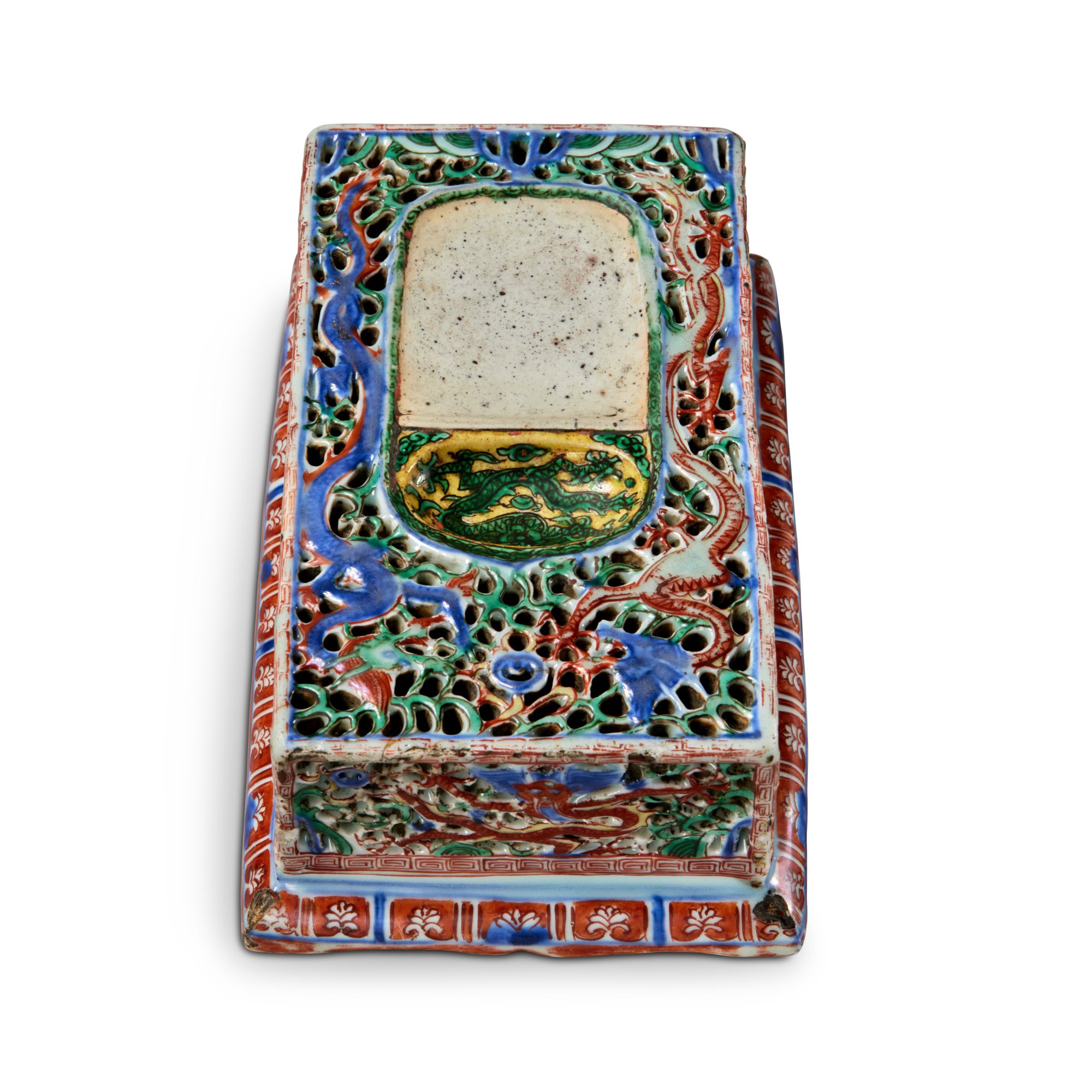 A rare wucai 'dragon' rectangular inkstone, Mark and period of Wanli ...