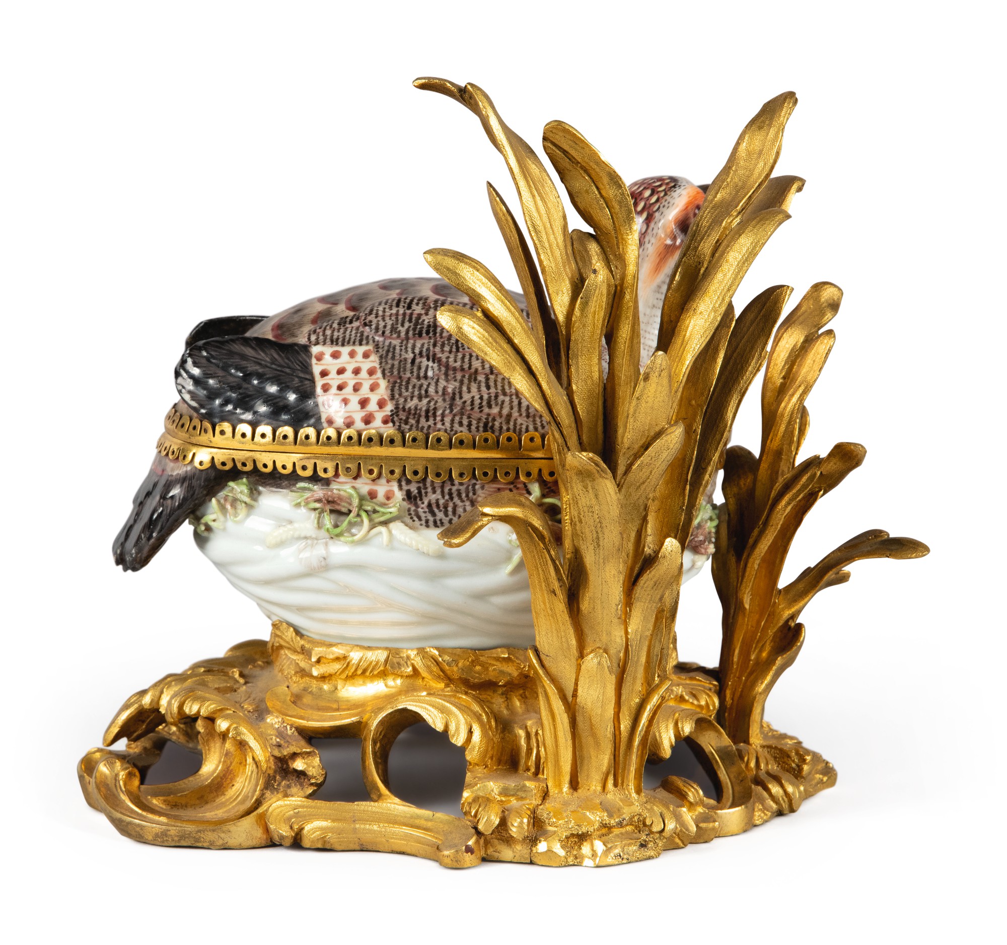 A MEISSEN PORCELAIN PARTRIDGE-FORM TUREEN AND COVER, MOUNTED ON A ...