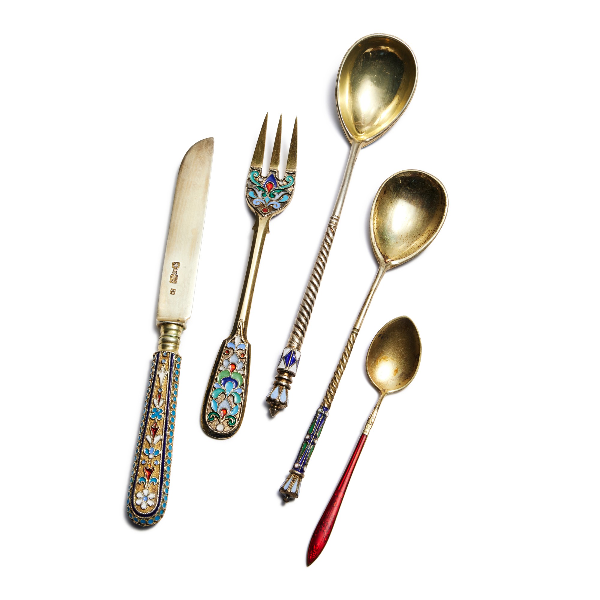 Three sets of Russian silver-gilt and cloisonné enamel flatware, Moscow ...