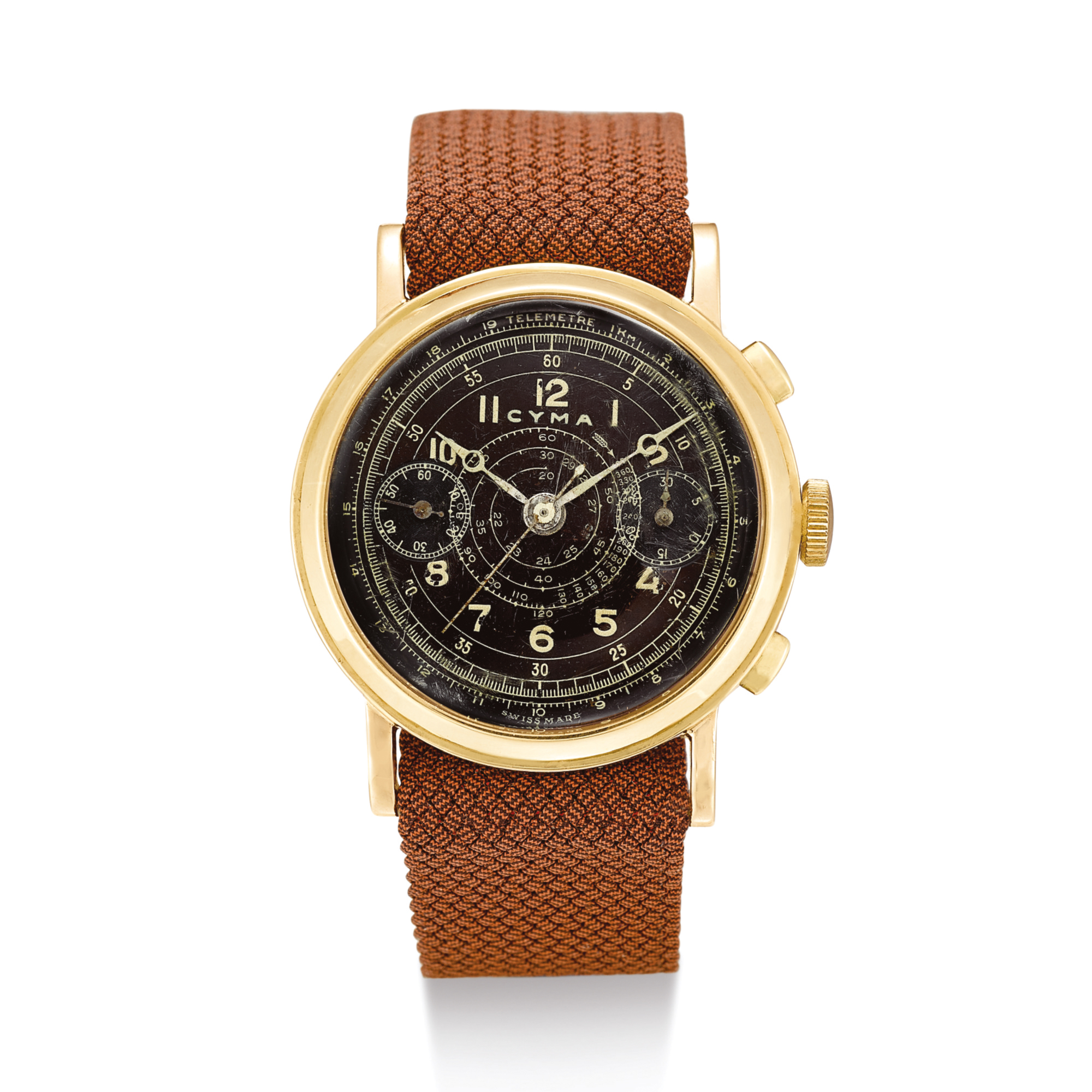 CYMA | A YELLOW GOLD CHRONOGRAPH WRISTWATCH WITH TROPICAL DIAL, CIRCA ...