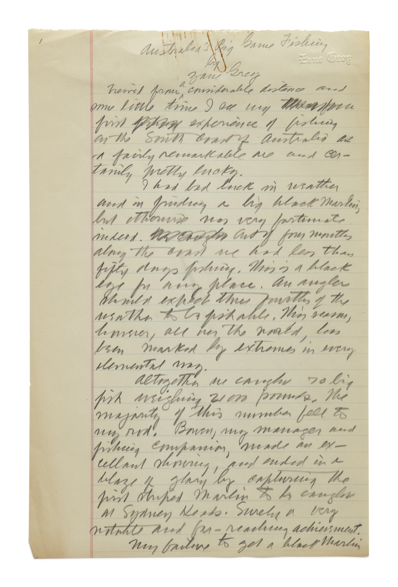 GRAY, ZANE | Autographed manuscript draft, signed, of "Australia's Big ...