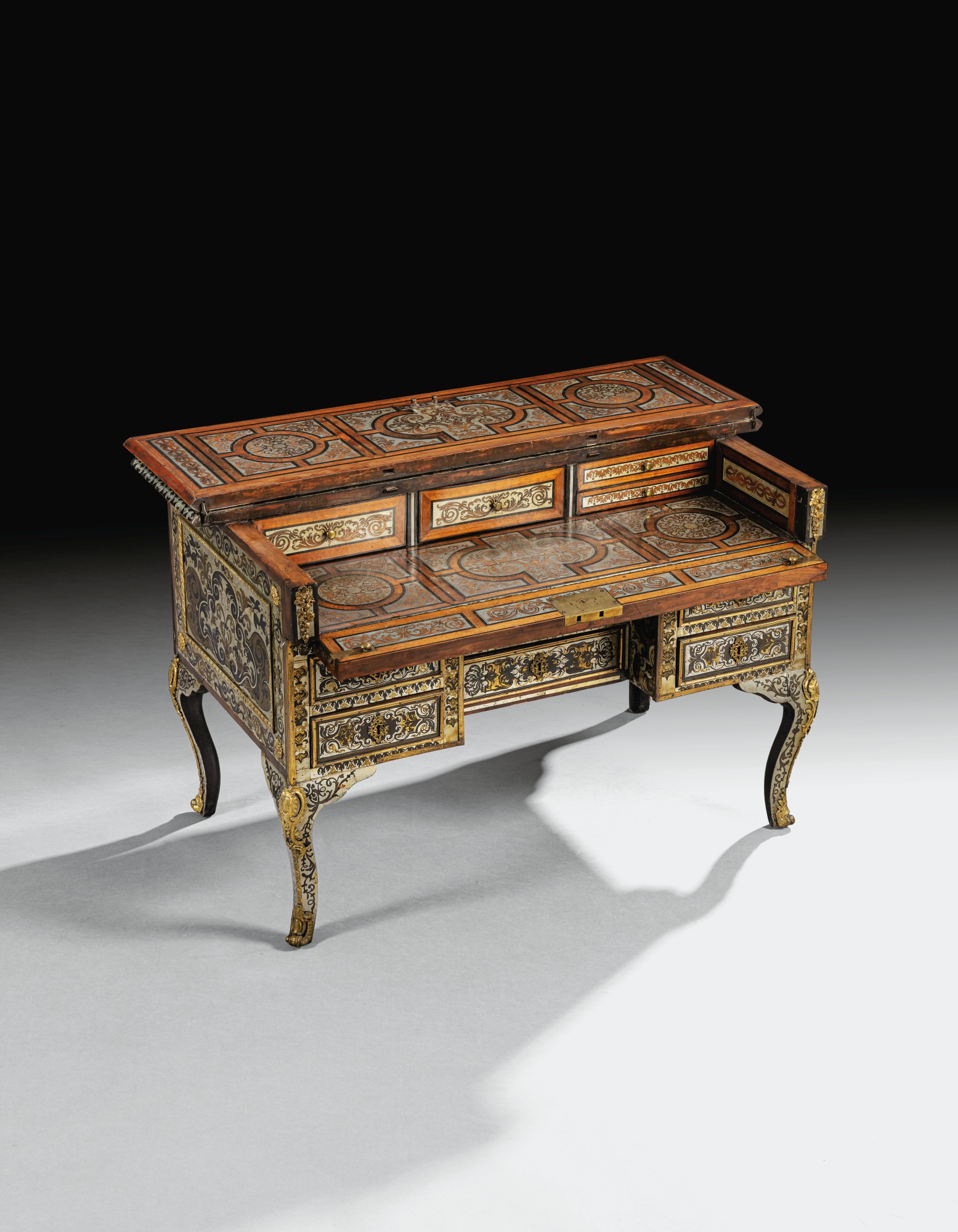AN EBONY, AMARANTH, COPPER AND PEWTER MARQUETRY BUREAU BRISÉ, LOUIS XIV ...