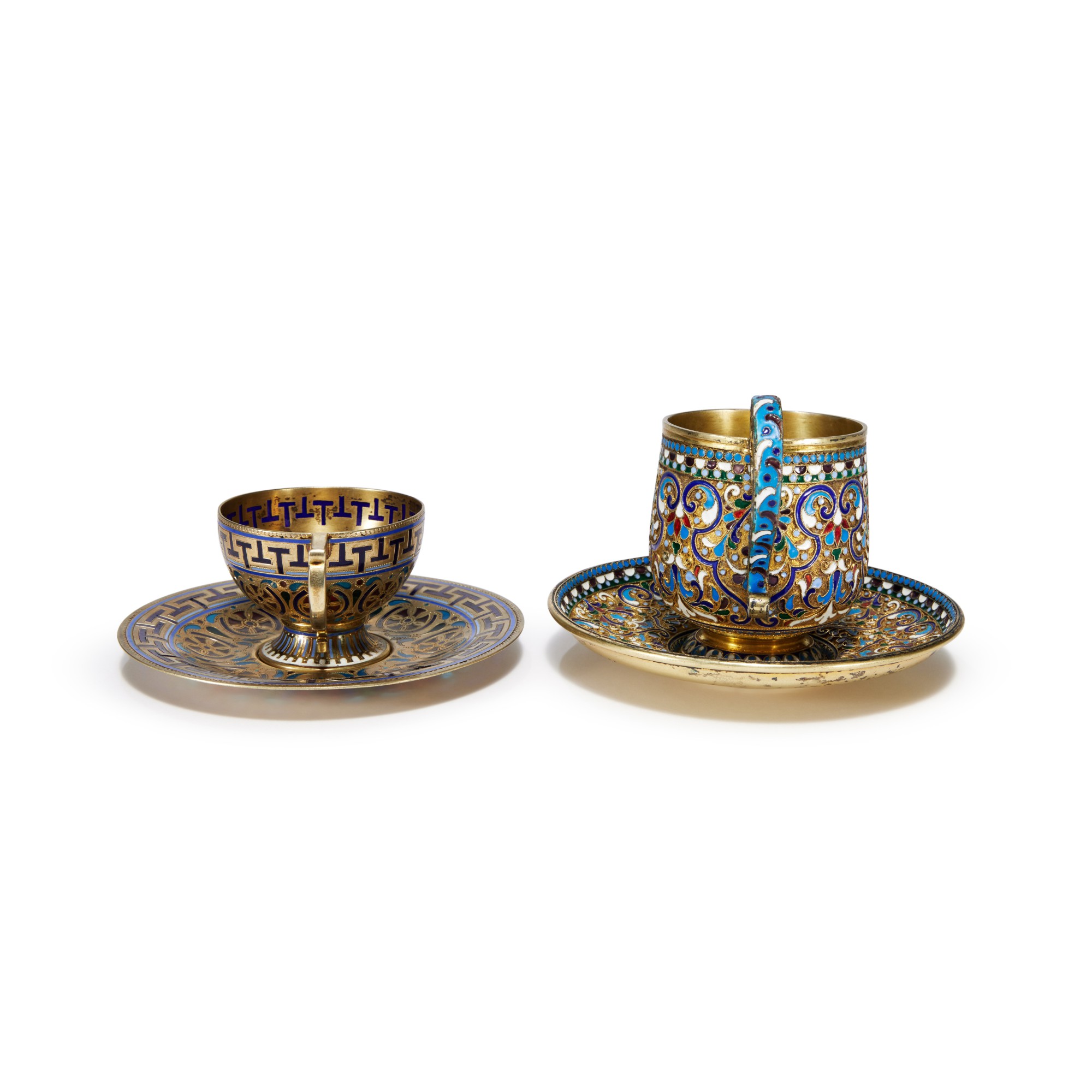 Two Russian silver-gilt and enamel cups and saucers, Moscow, late 19th ...