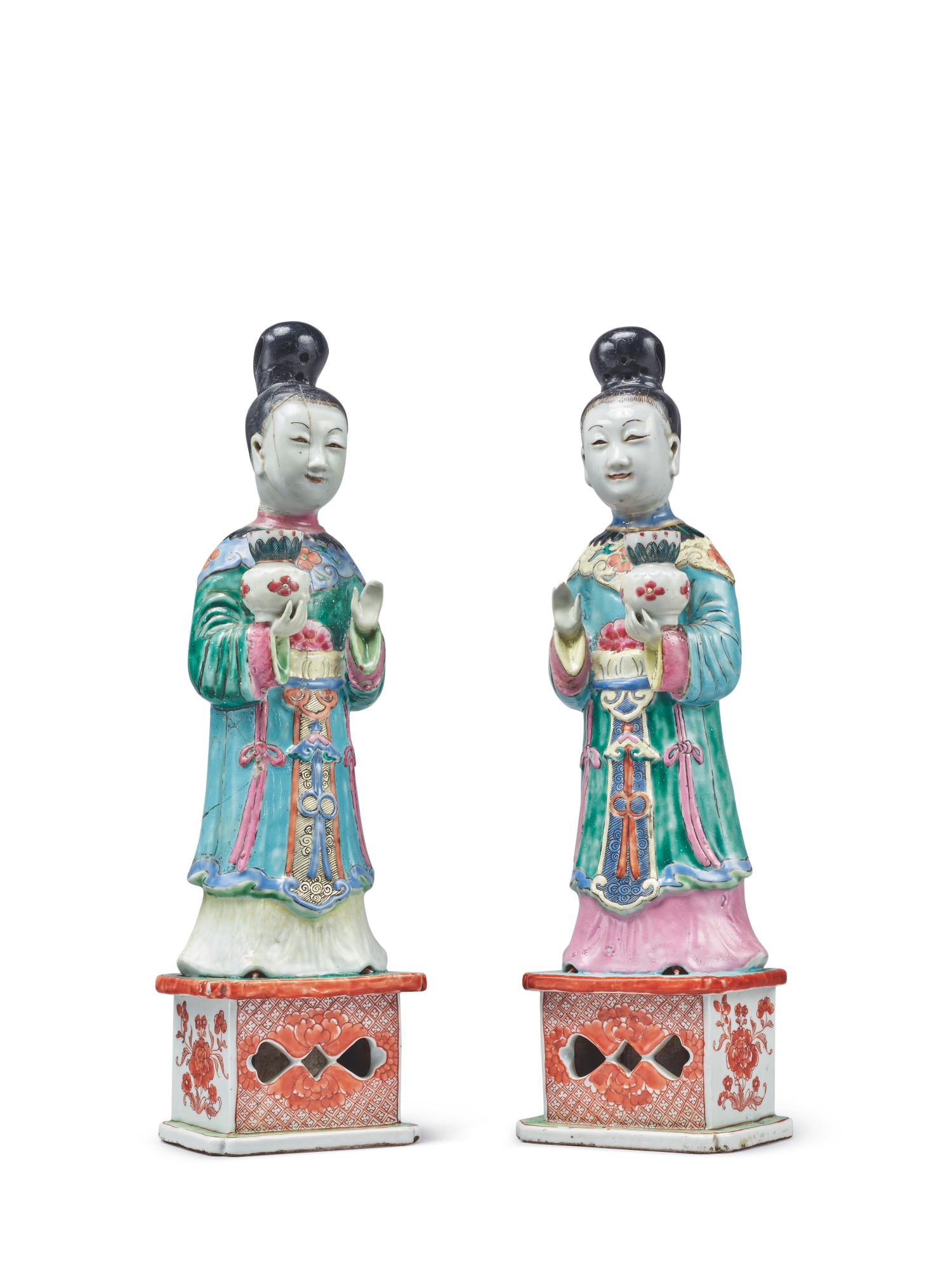 A LARGE PAIR OF CHINESE FAMILLE-ROSE FIGURES OF LADIES, QING DYNASTY ...